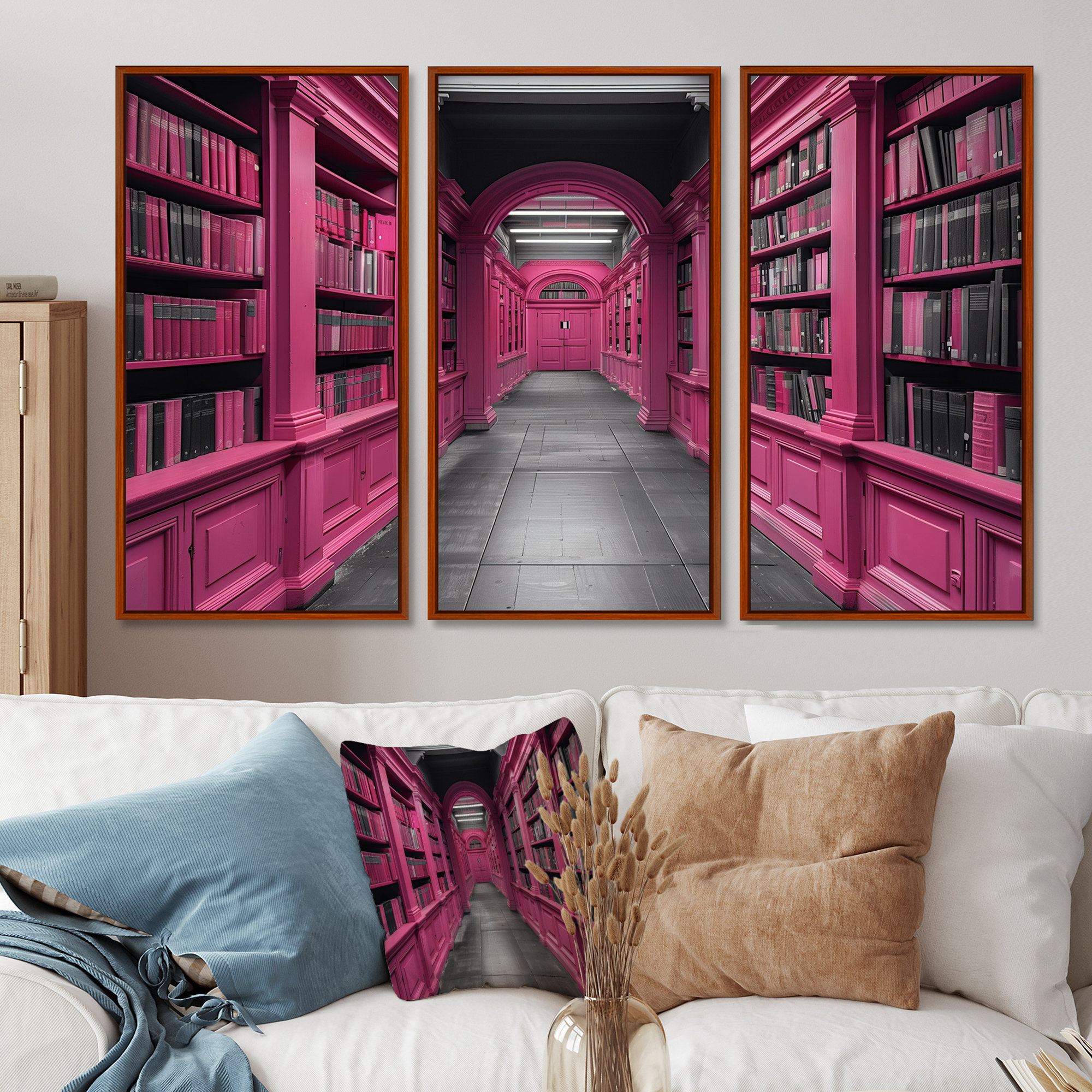 Design Art Pink Grey Library Bookshelf Perspective II - Libraries Wall ...