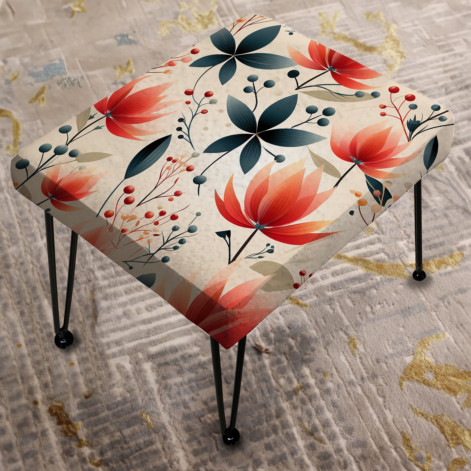 Design Art Elegant Red Floral Pattern III - Floral Rectangle Ottoman ...
