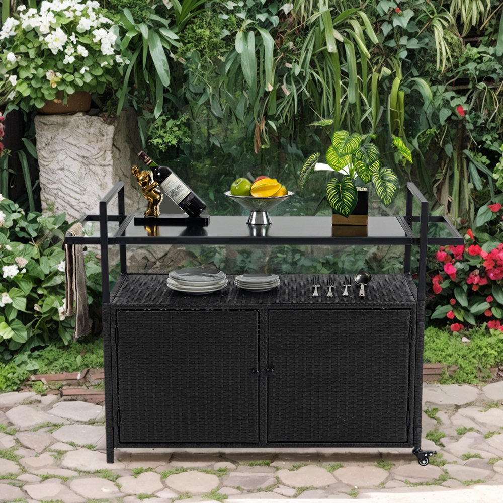 Arlmont & Co. Senona Portable Outdoor Wicker Bar Table, Wheels, Glass ...