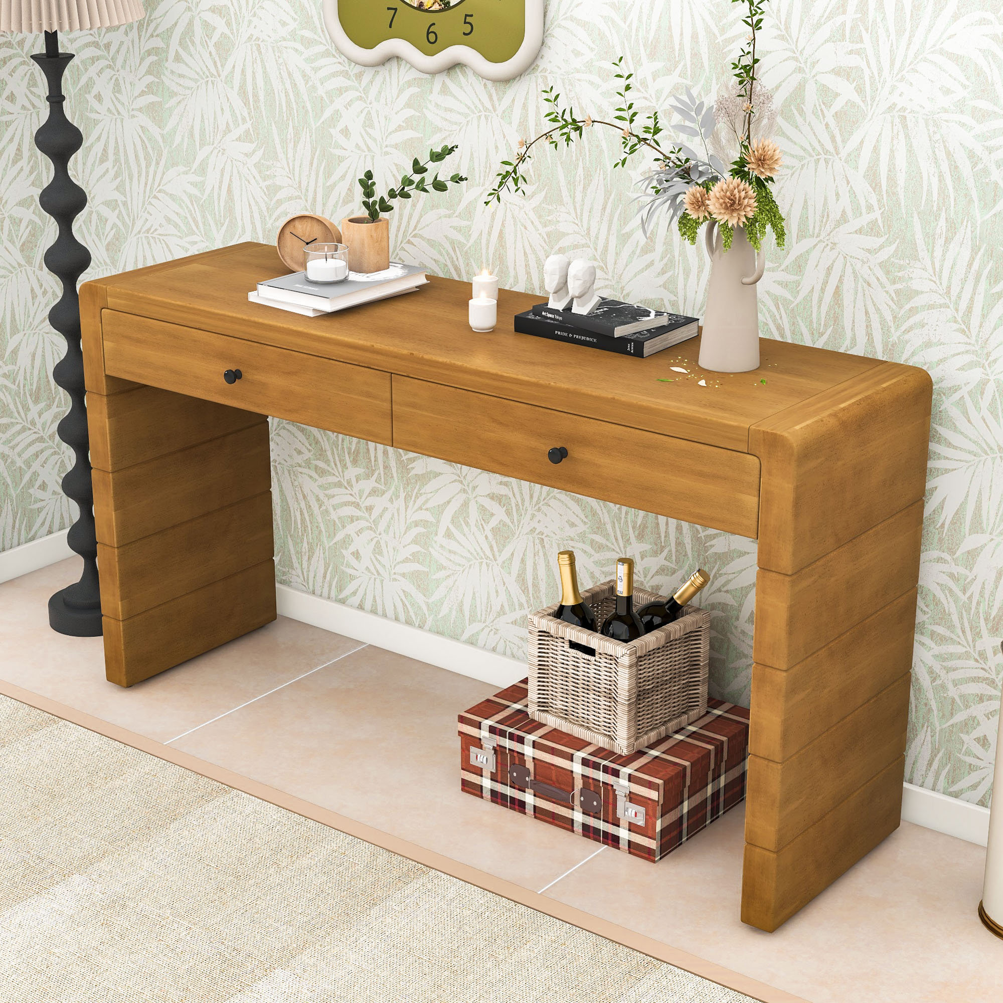 Latitude Run® Farmhouse Curved Console Table with 2 Storage Drawers for ...