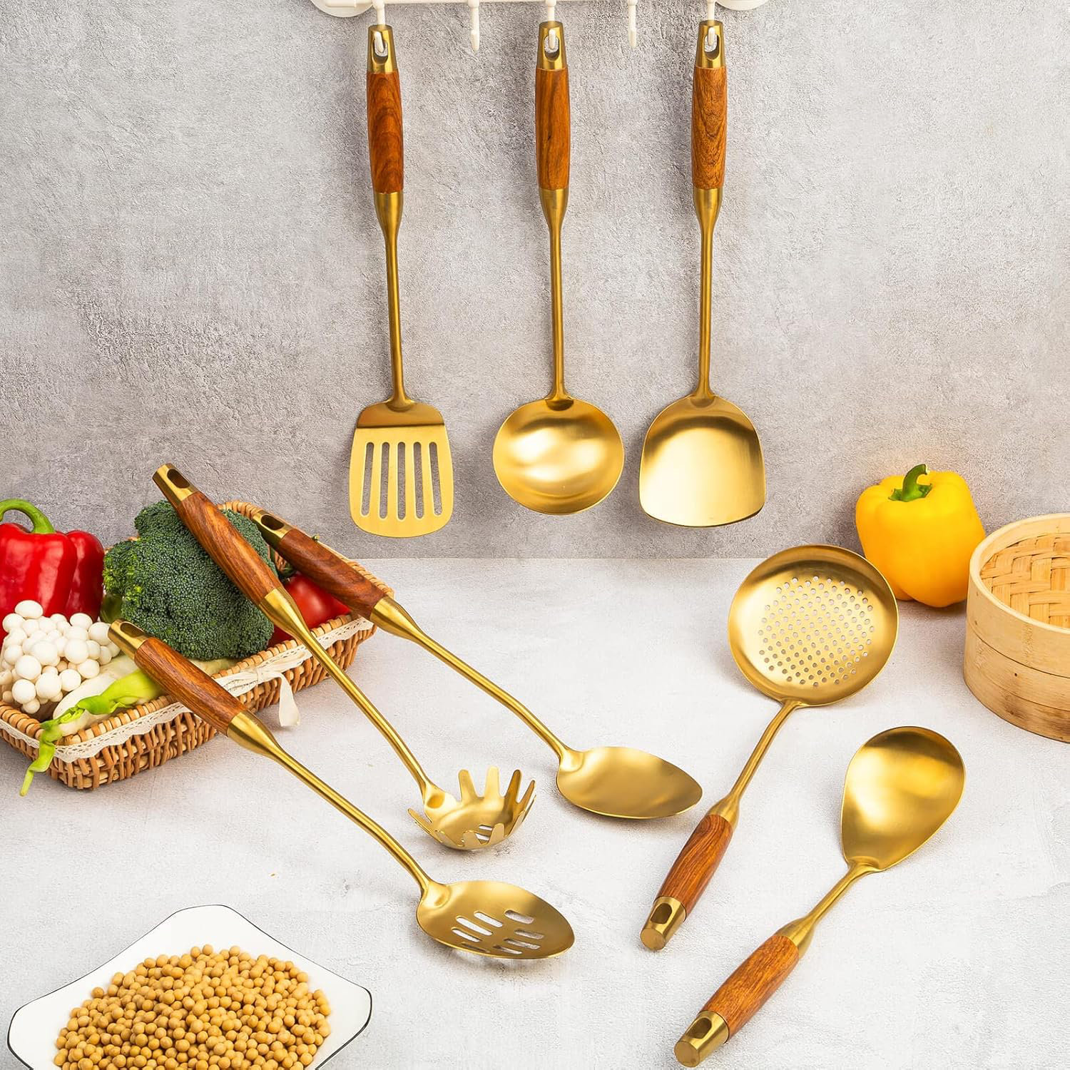 HAPPY LIFE 8-Piece Stainless Steel Kitchen Utensils Set With Rosewood ...