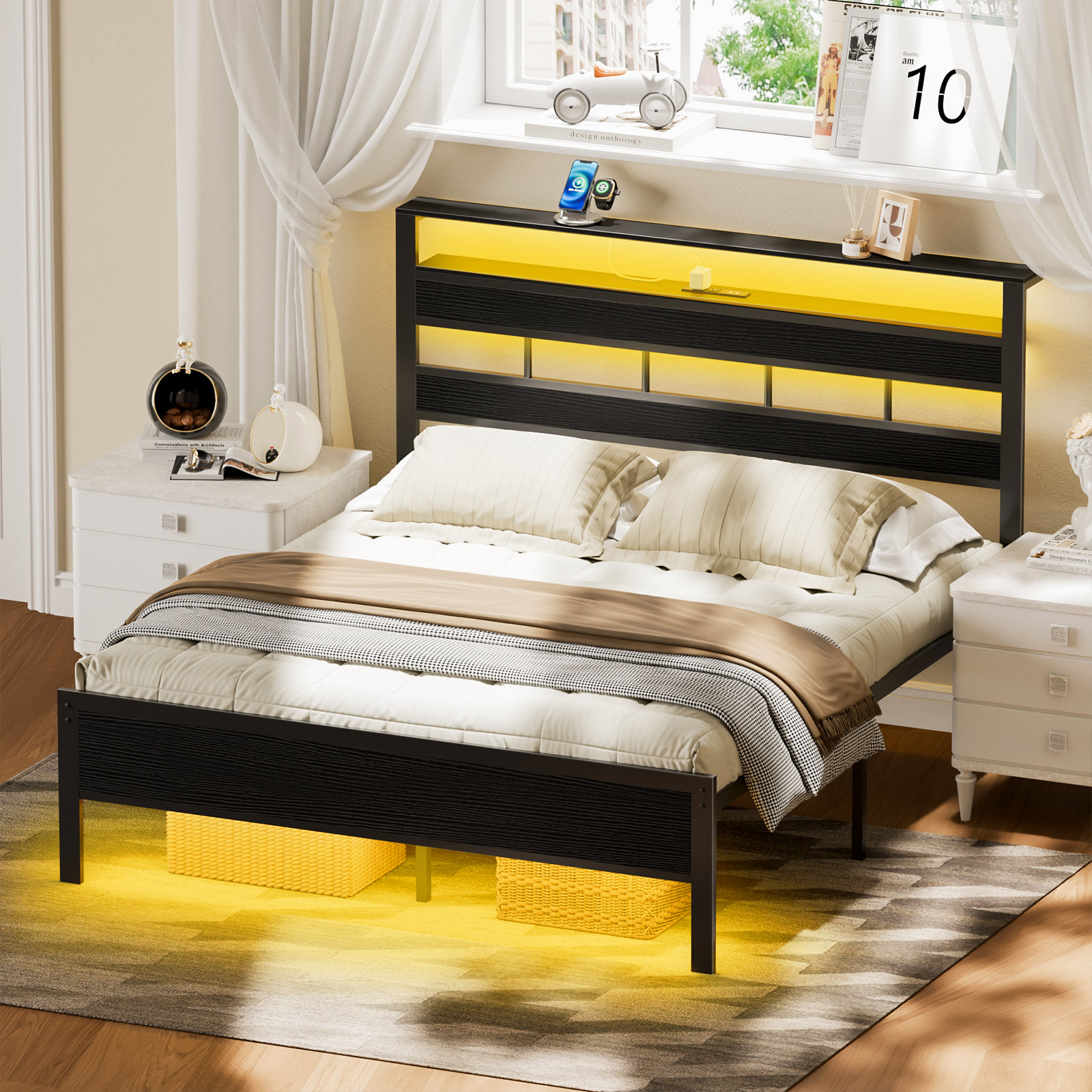 Wrought Studio Bed Frame with 2-Tier Shelves, Charging Station, LED ...