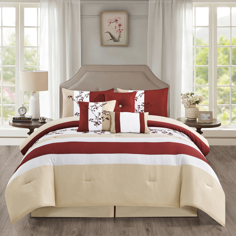 Linen Store Magda Red/Cream Microfiber 7 Piece Comforter Set | Wayfair