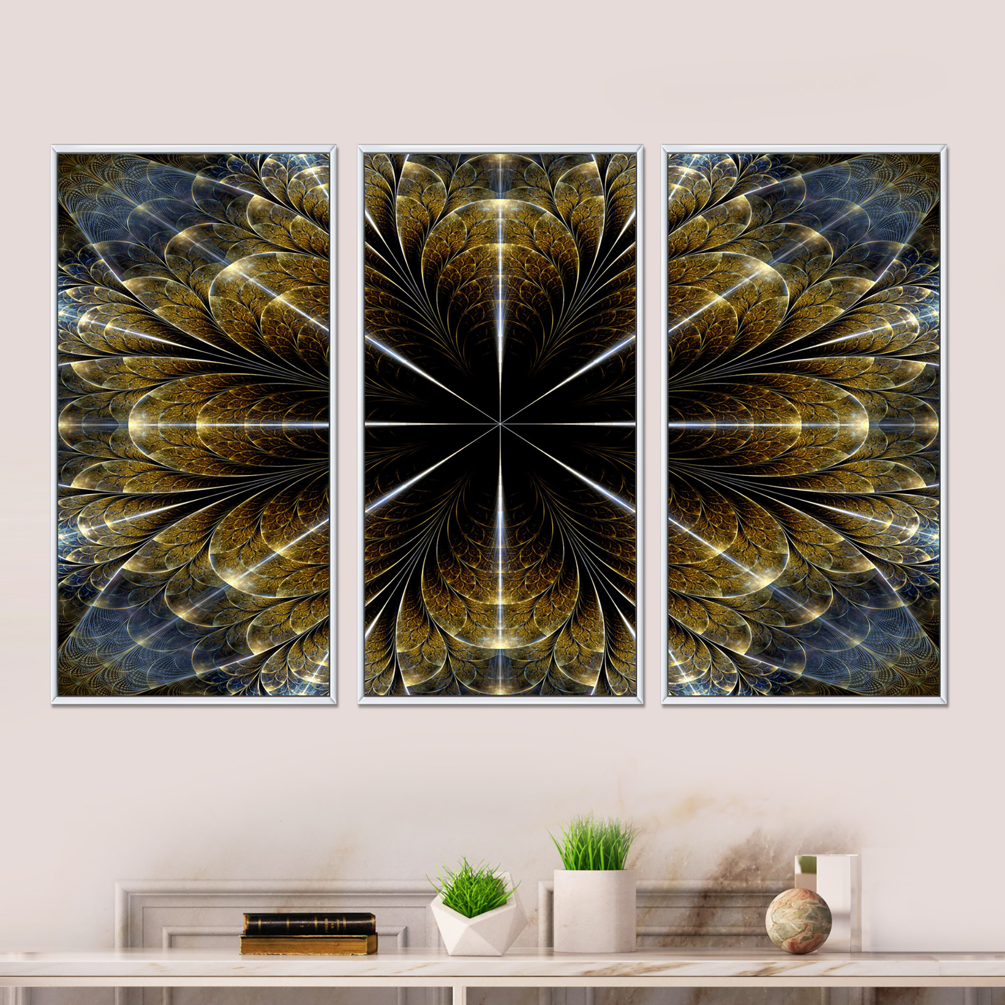 Wrought Studio Symmetrical Gold Fractal Flower - Abstract Framed Canvas ...
