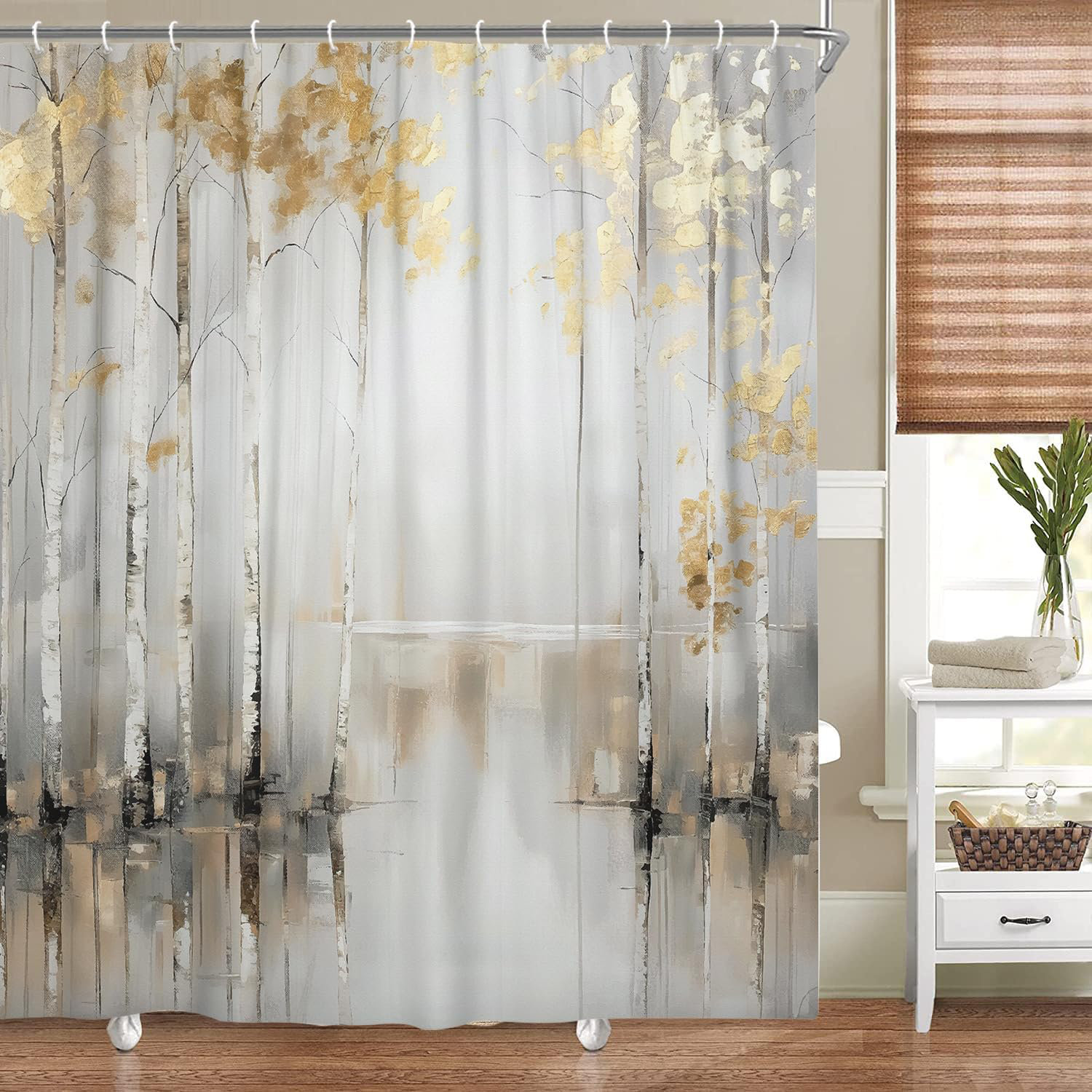 Lark Manor™ Abstract Gold Grey Tree Shower Curtain, Neutral Marble Style Shower Curtain Set ...