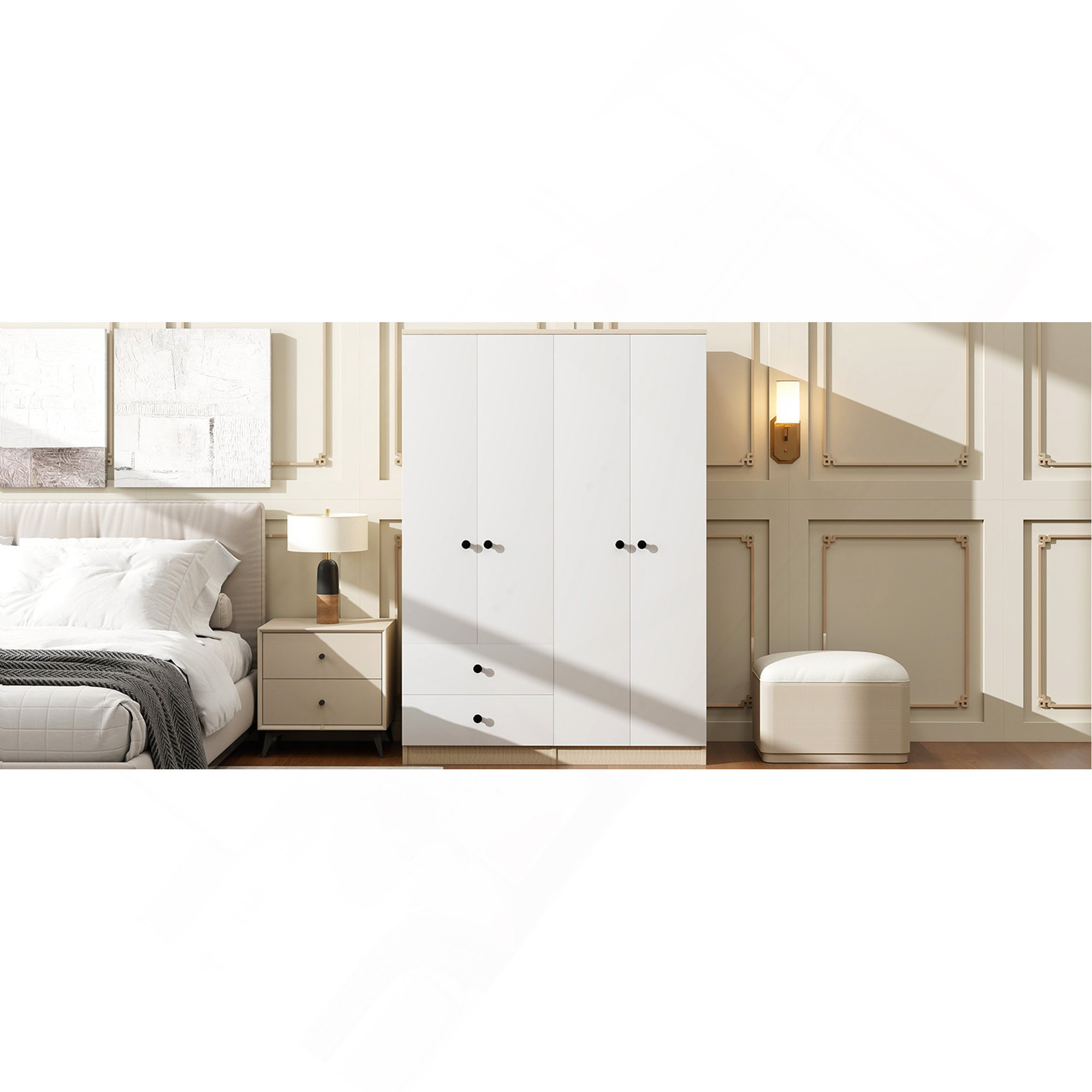 George Oliver 4 Door Wardrobe Closet With Drawers,Shelf And Hanging Rod ...