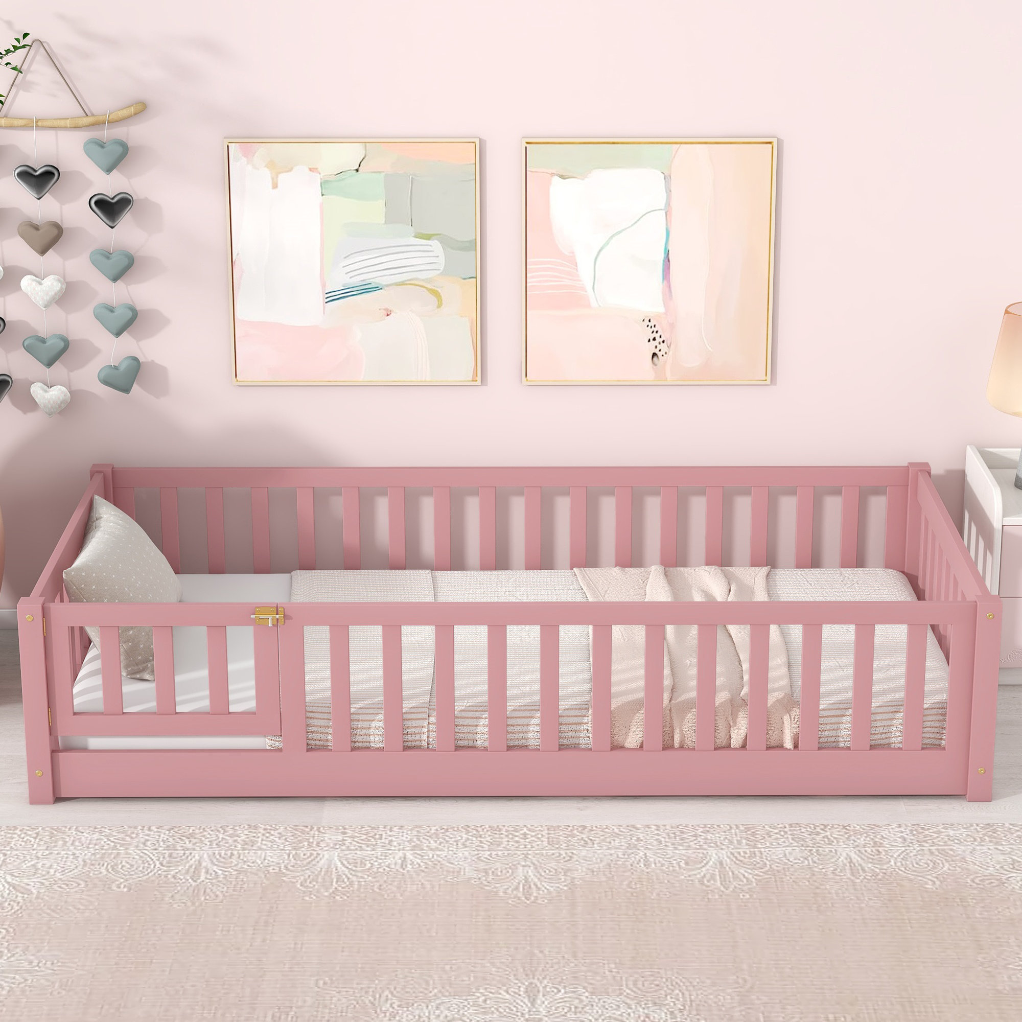 Harriet Bee Full size Floor Platform Bed with Fence and Door, Sturdy ...