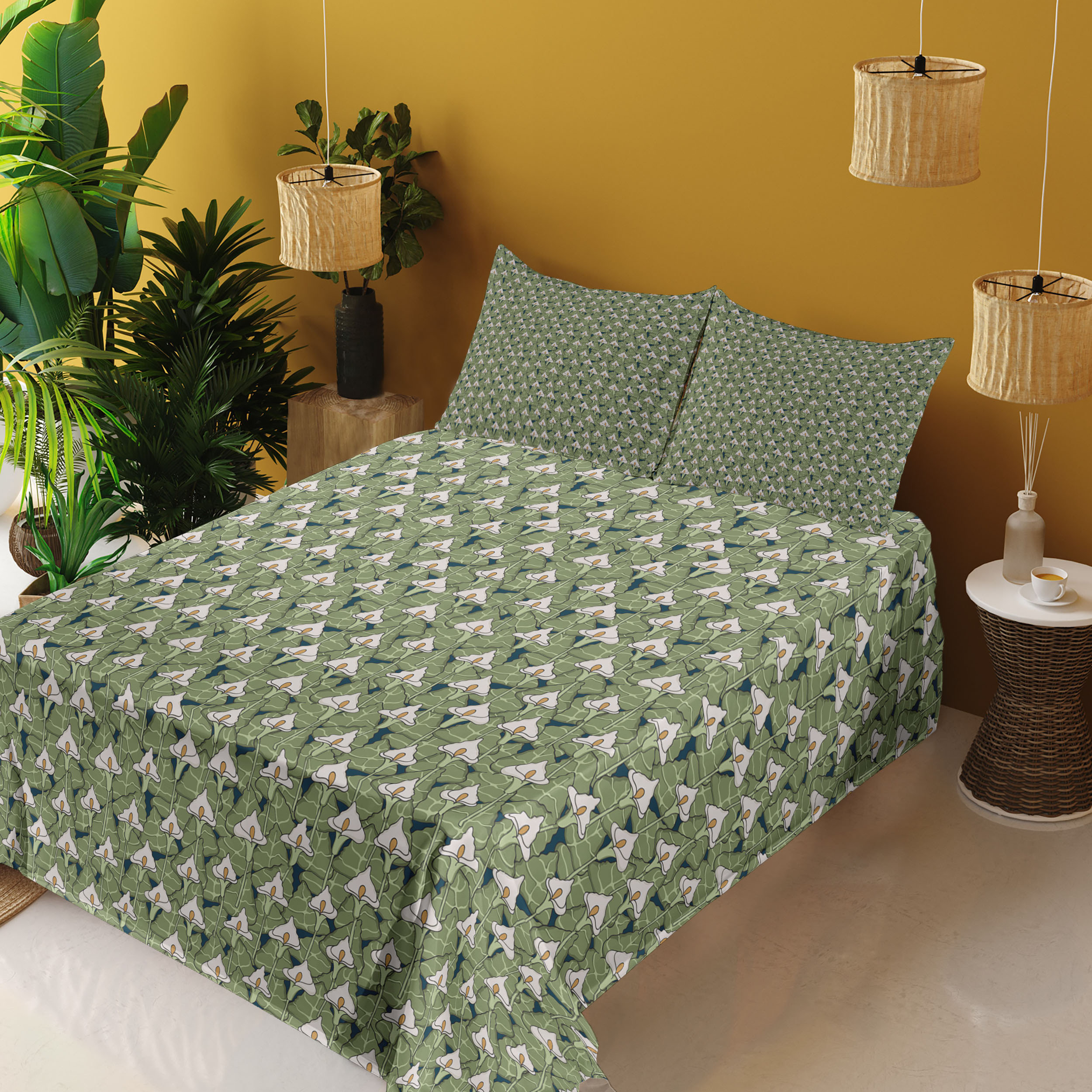 Ambesonne Floral Sheet Set 4 Pcs Calla Lilly Flowers Pattern Pale Olive ...