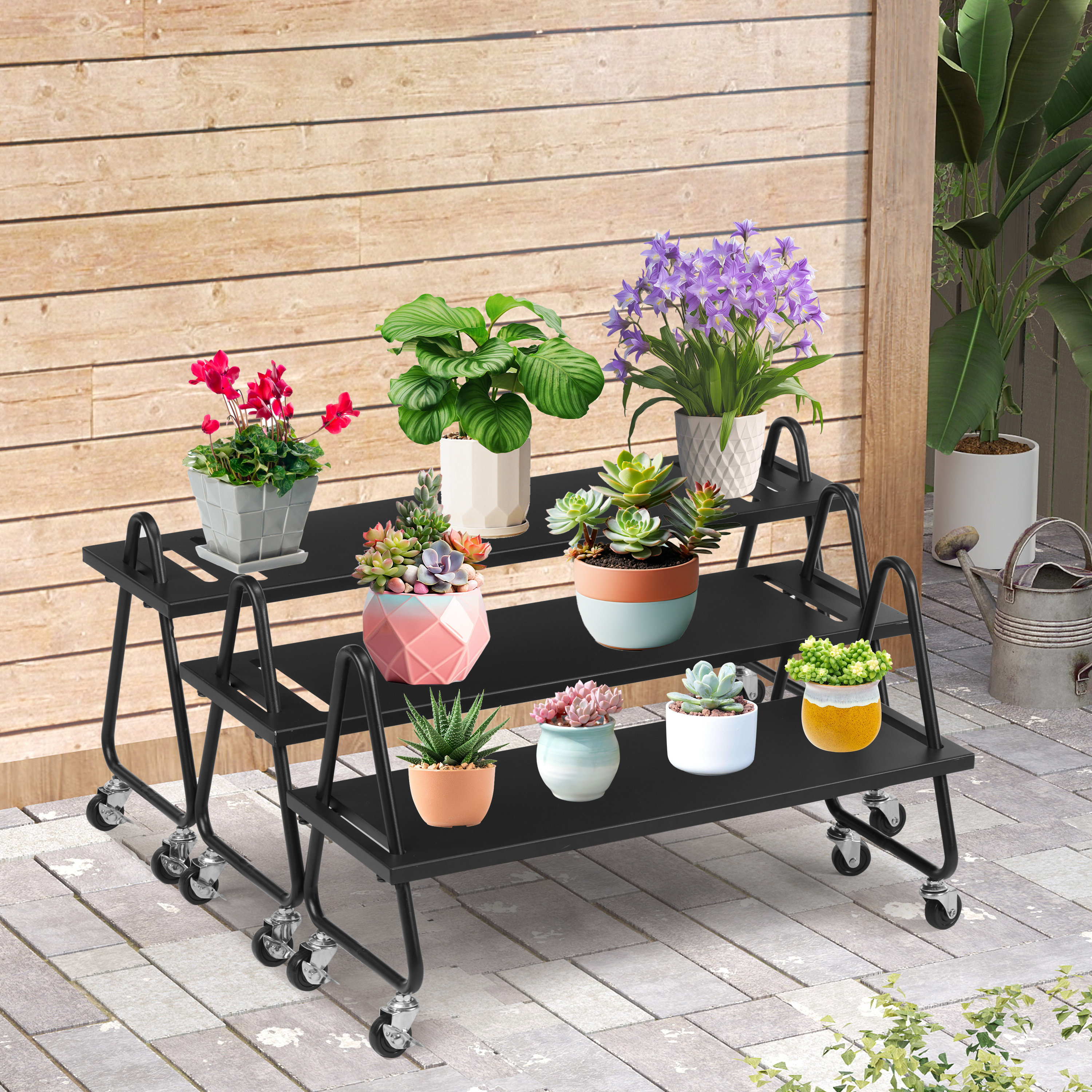 Ebern Designs Set of 3 Outdoor Metal Plant Stands with Wheels | Wayfair