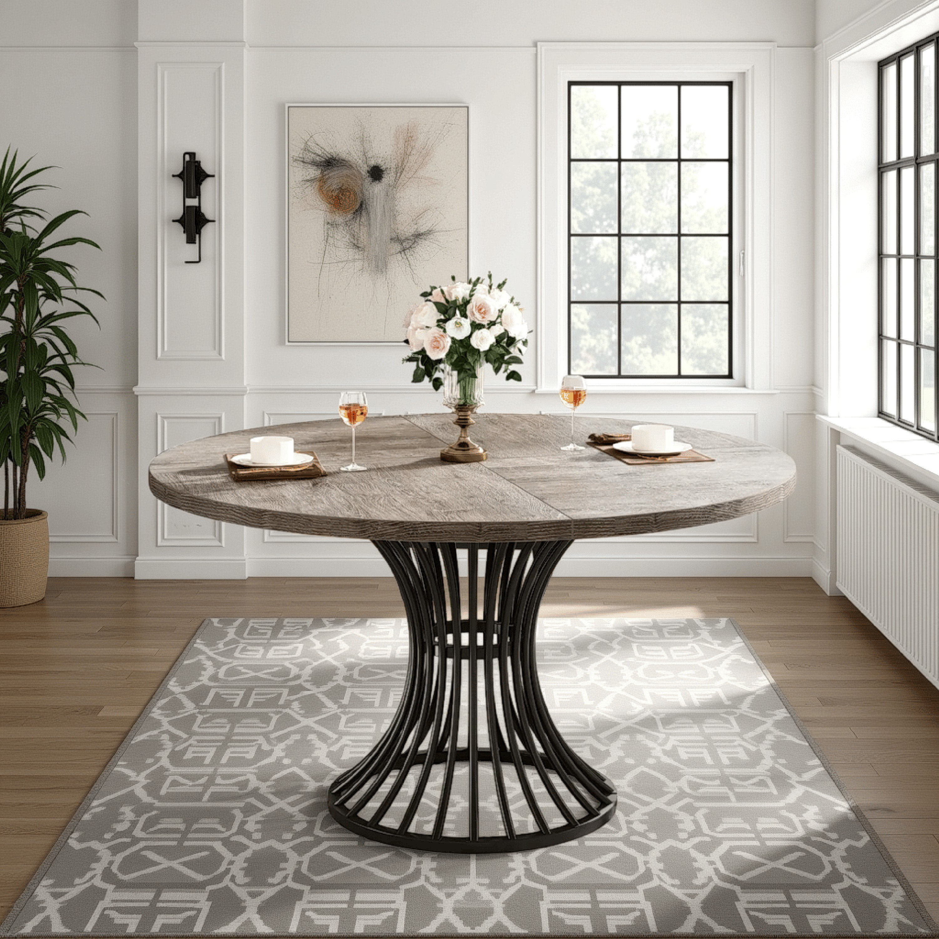 Benjara Dining Table, 47 Inch Round Grey Wood Top, Black Metal ...