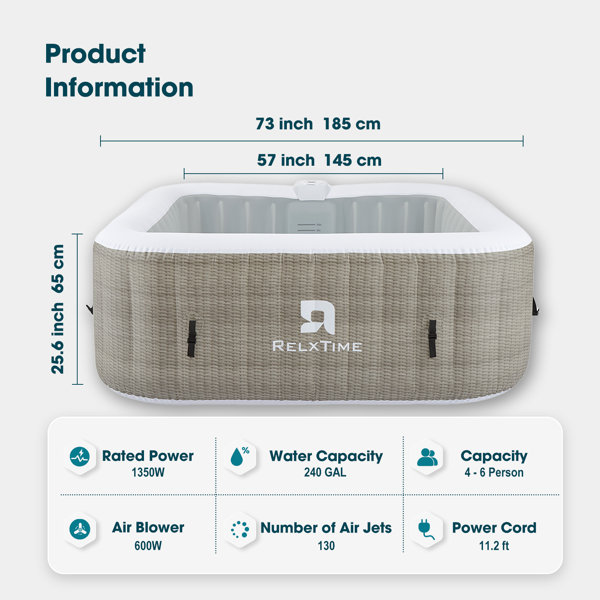 RELXTIME Square Hot Tub Inflatable Spa 4-6 Person Portable Hottub ...