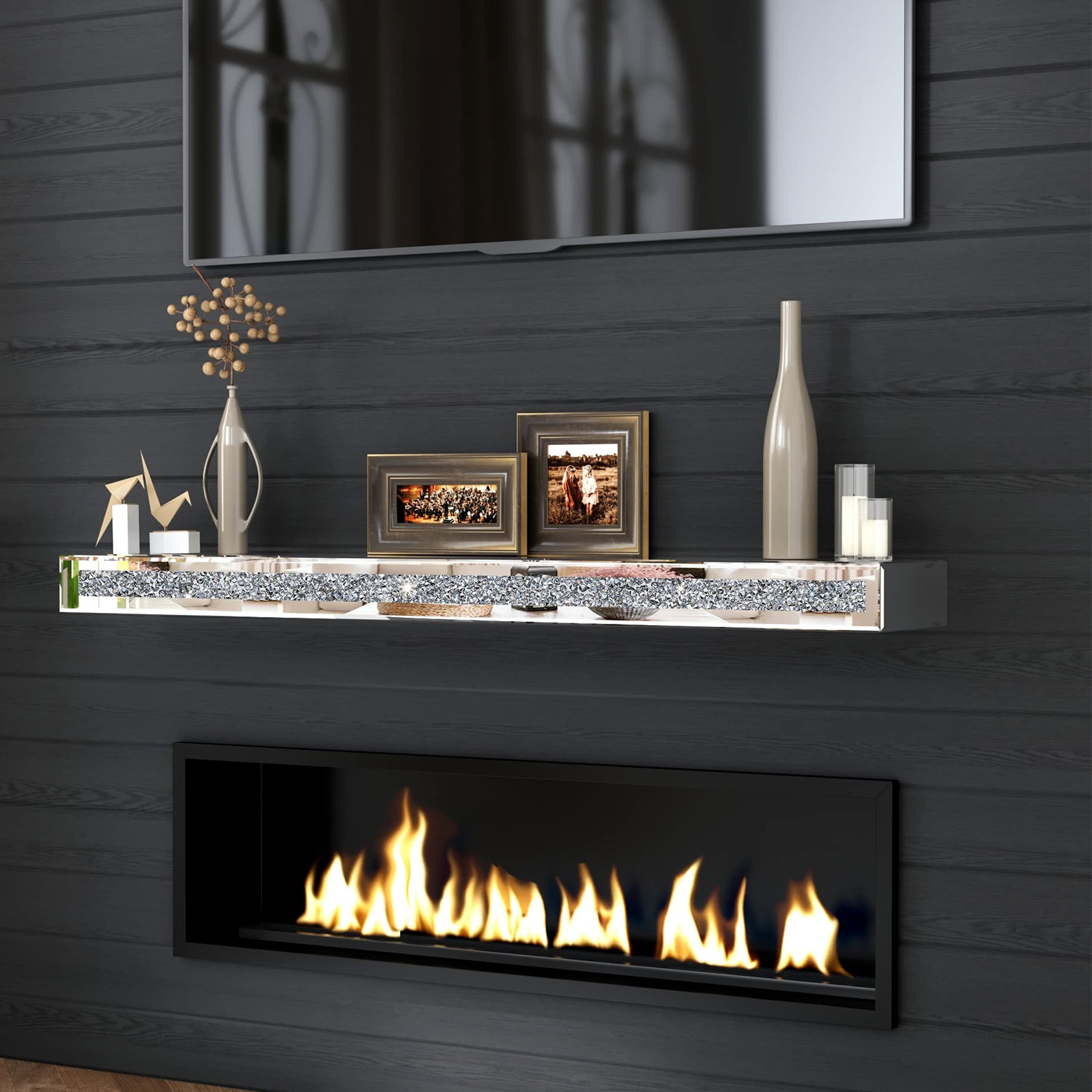 Everly Quinn Aldobrando Crystal Glass Fireplace Shelf Floating Mantel ...