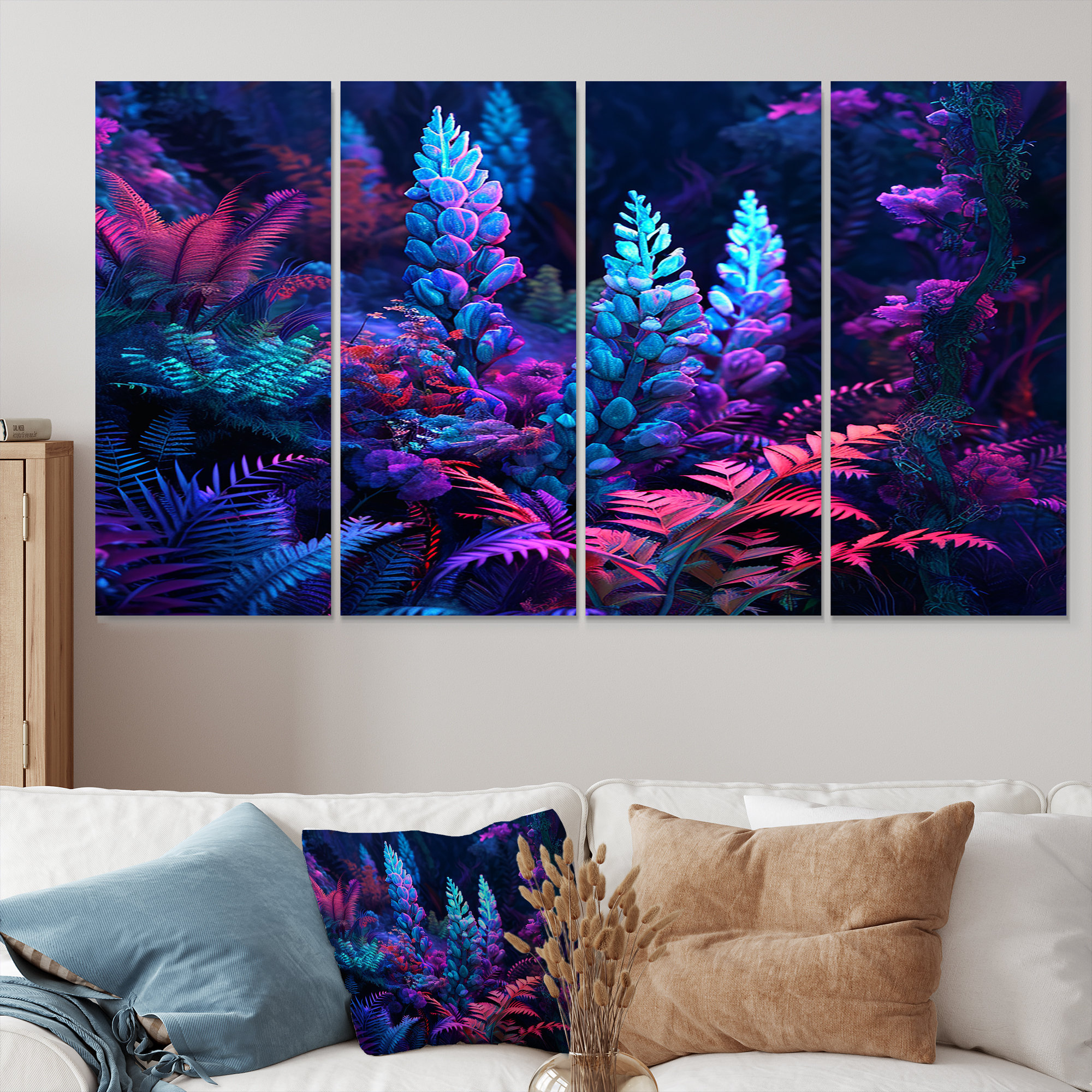 Design Art Purple Ferns In Neon Landscape - Ferns Wall Art Set 4 Piece ...