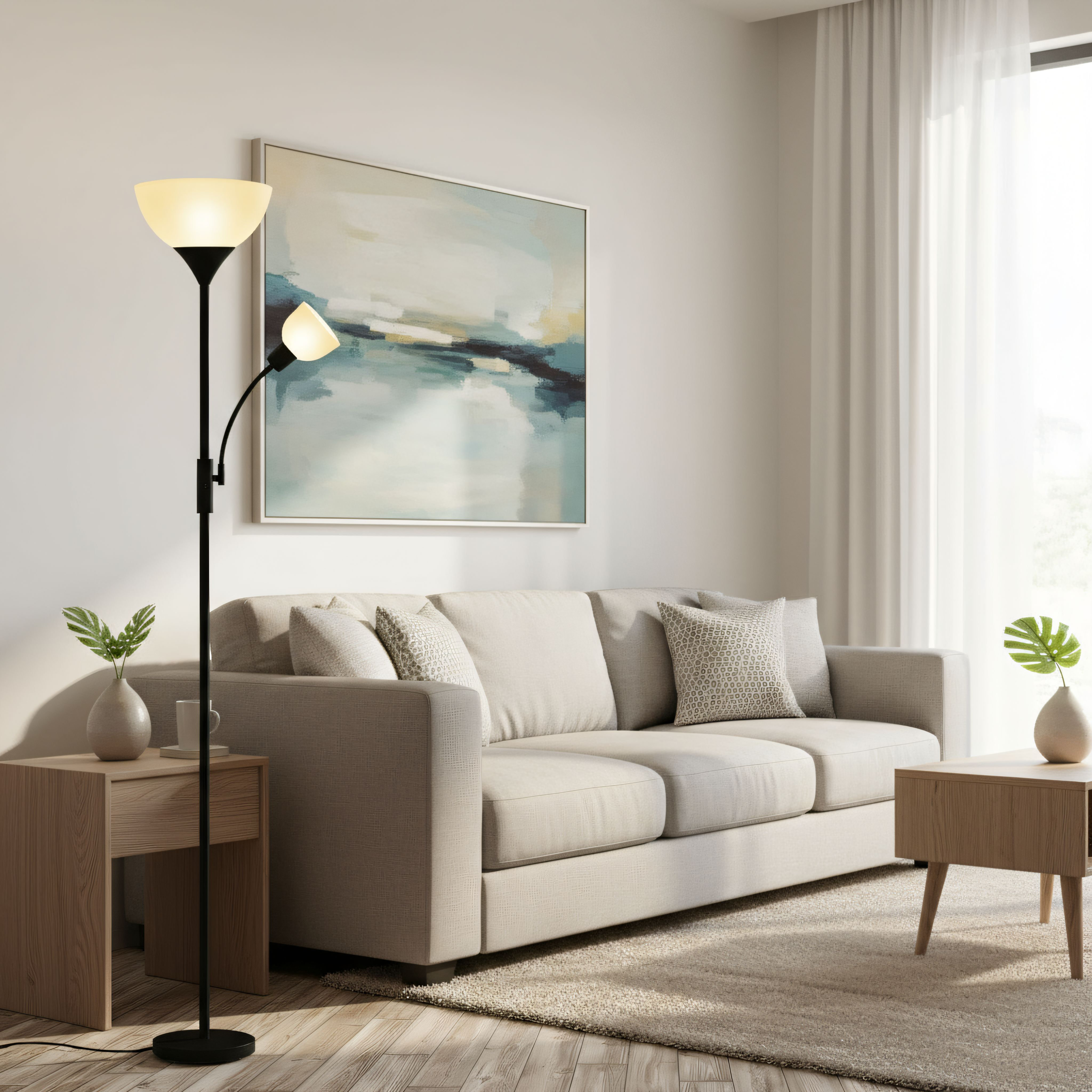 Latitude Run® White Tall Torch Floor Lamp: With Adjustable Reading ...