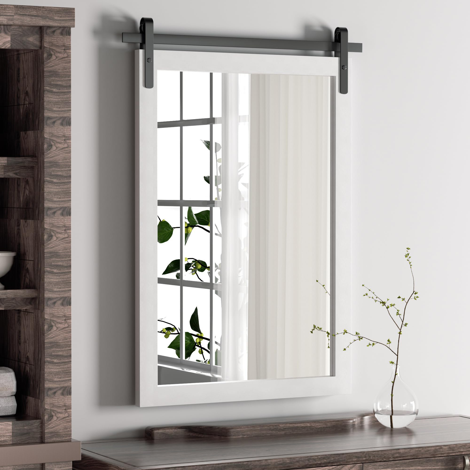 Gracie Oaks Farmhouse Bathroom Mirror, White Rustic Vanity Mirror Wood ...