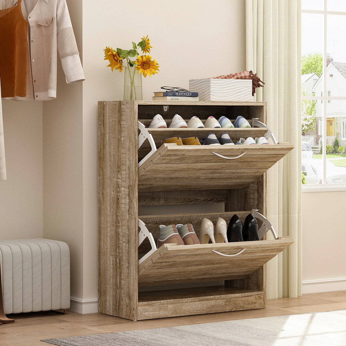 Gracie Oaks Rustic Adjustable Multi-Tier Shoe Cabinet With Large ...