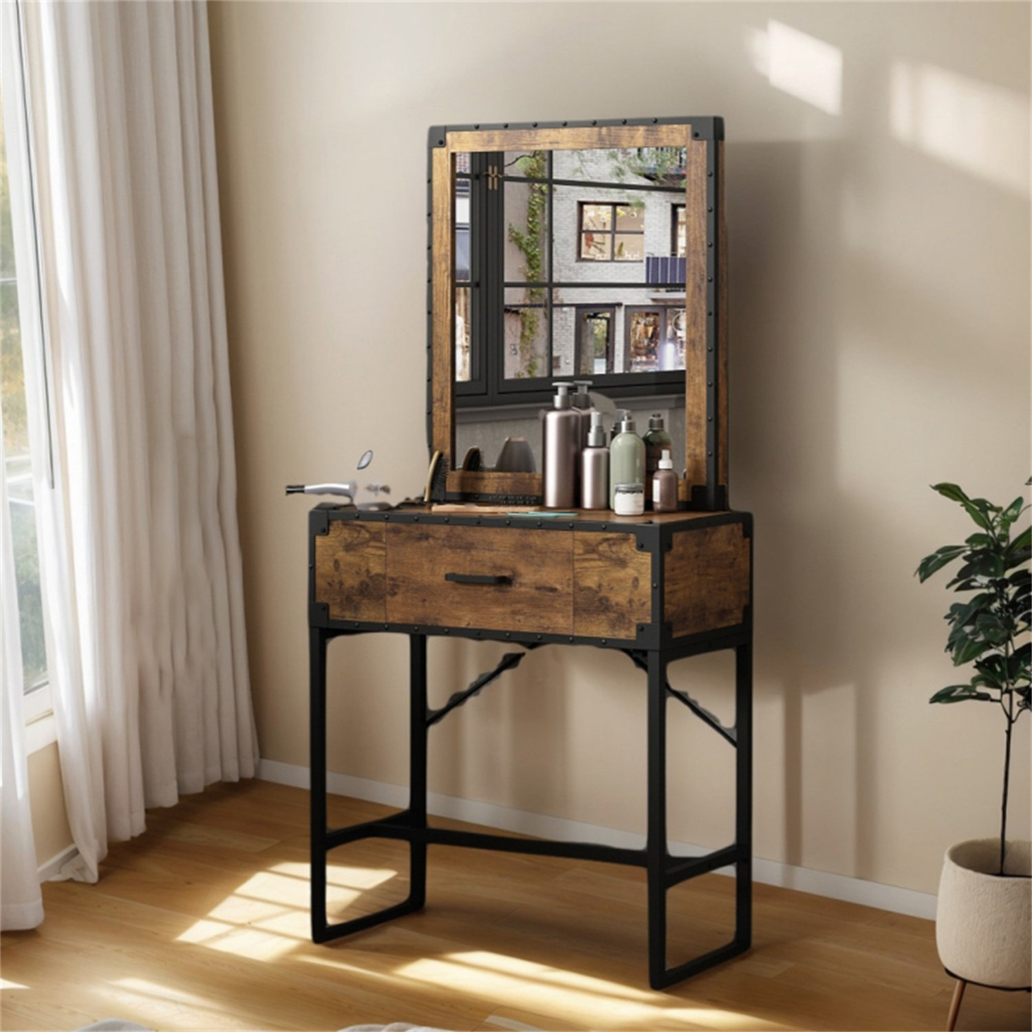 Rockpapa Furniture Rustic Brown Barber Station With Mirror & Drawer ...