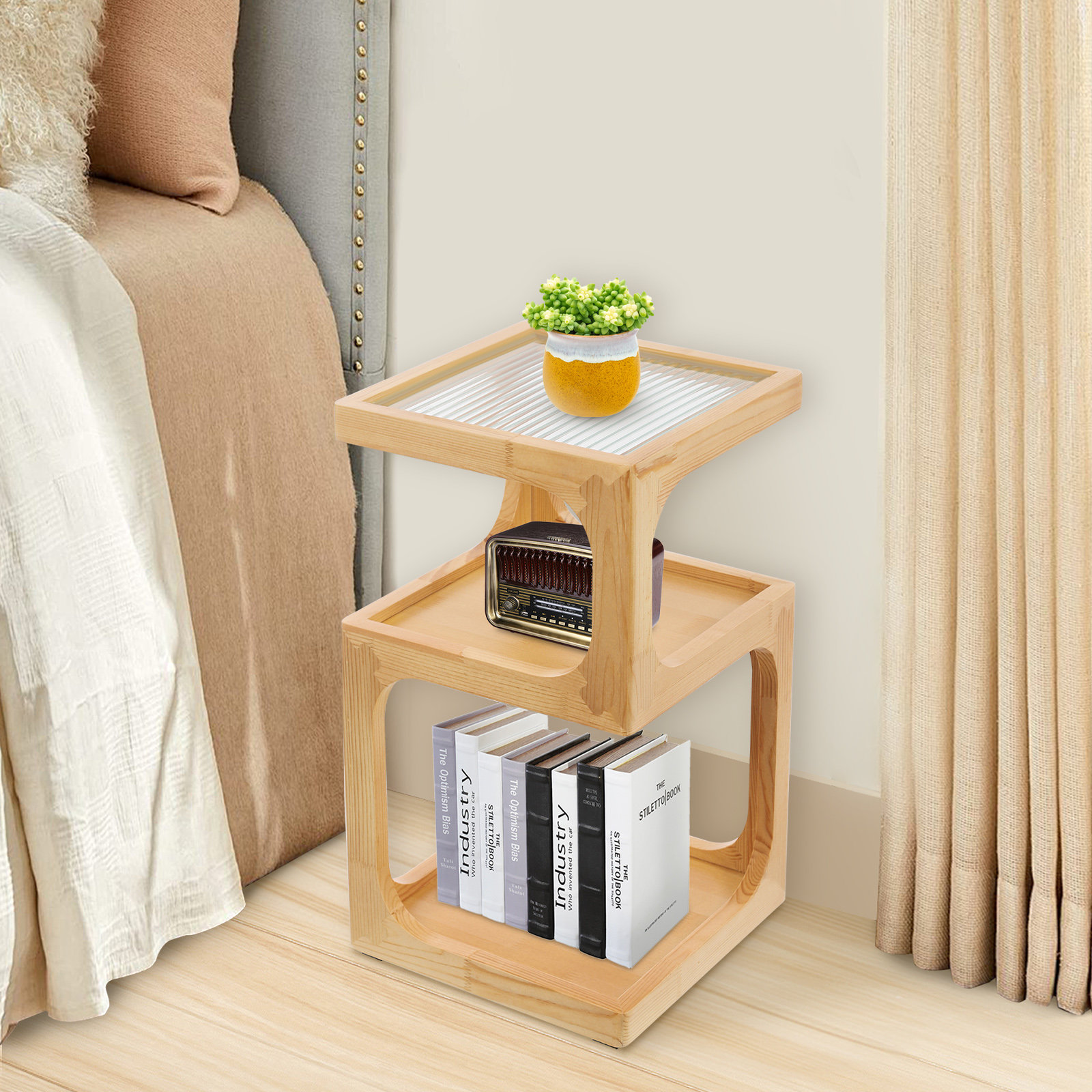 Latitude Run® 3-Tier Solid Wood Nightstand For Small Spaces With Open ...