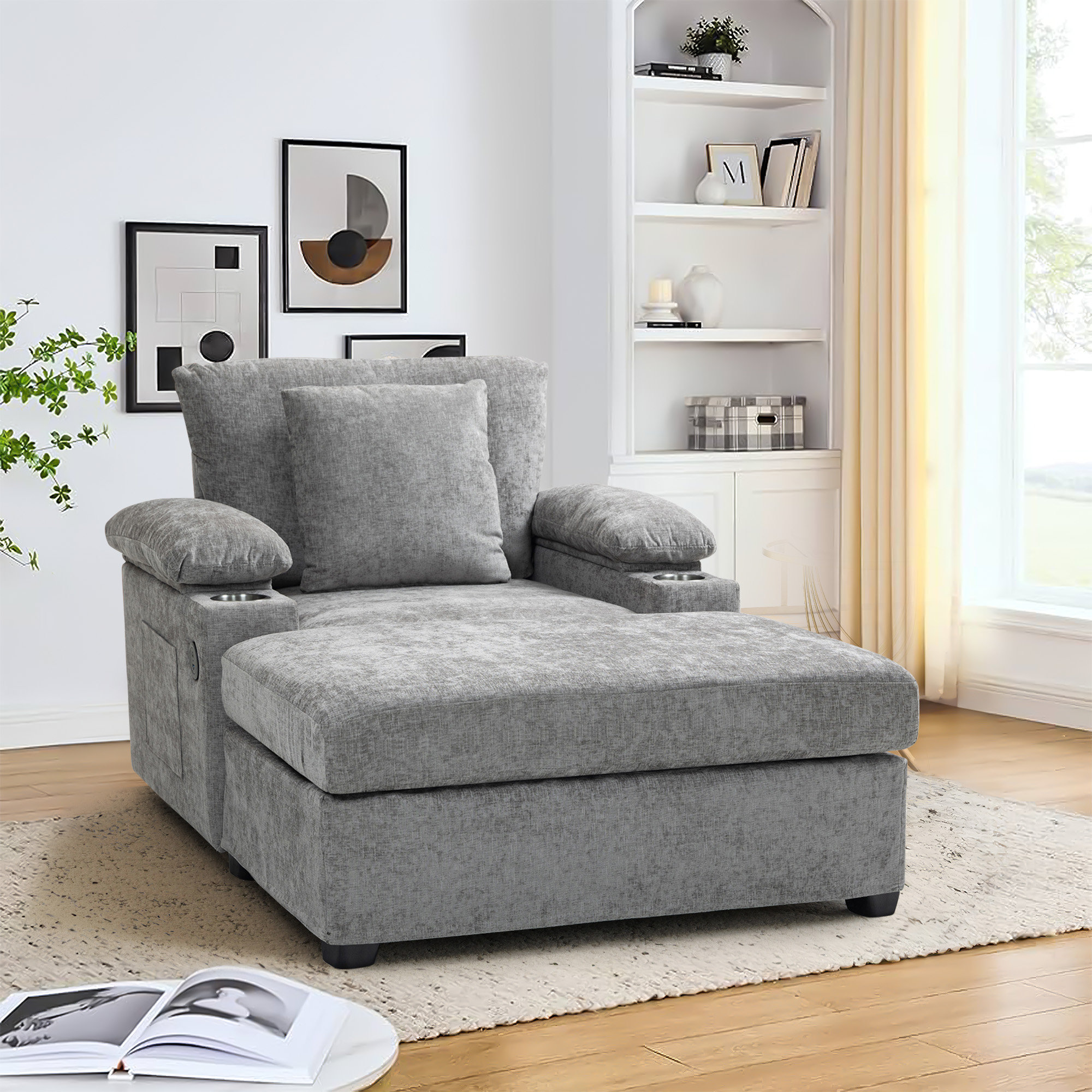 Ebern Designs Chaise Lounge Chair Indoor with Ottoman, 38.6"W Chenille ...