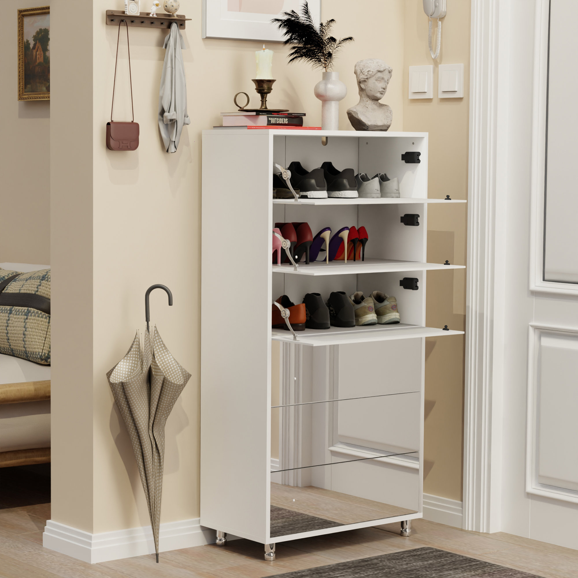 Ivy Bronx Mirror Shoe Cabinet With 6 Flip Drawers, Mirror Shoe Rack ...