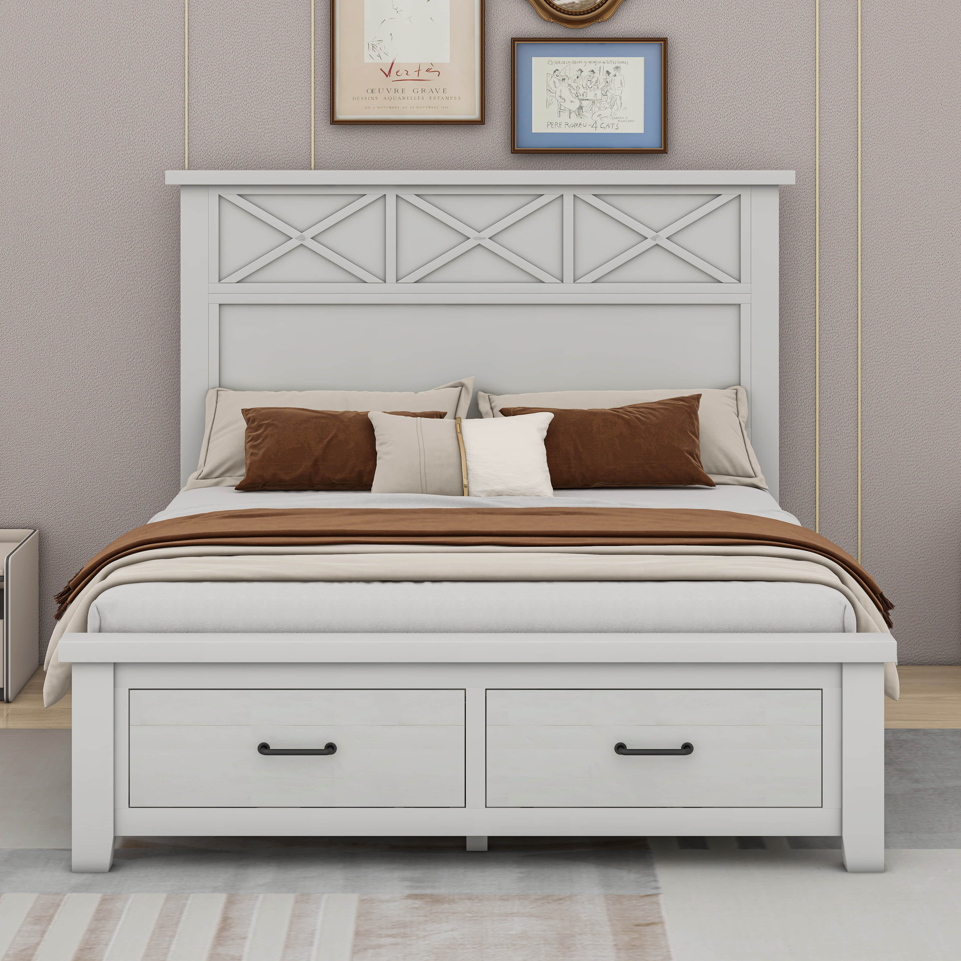 Cosmic Rustic Farmhouse Style Whitewash Queen Storage Panel Bed With ...