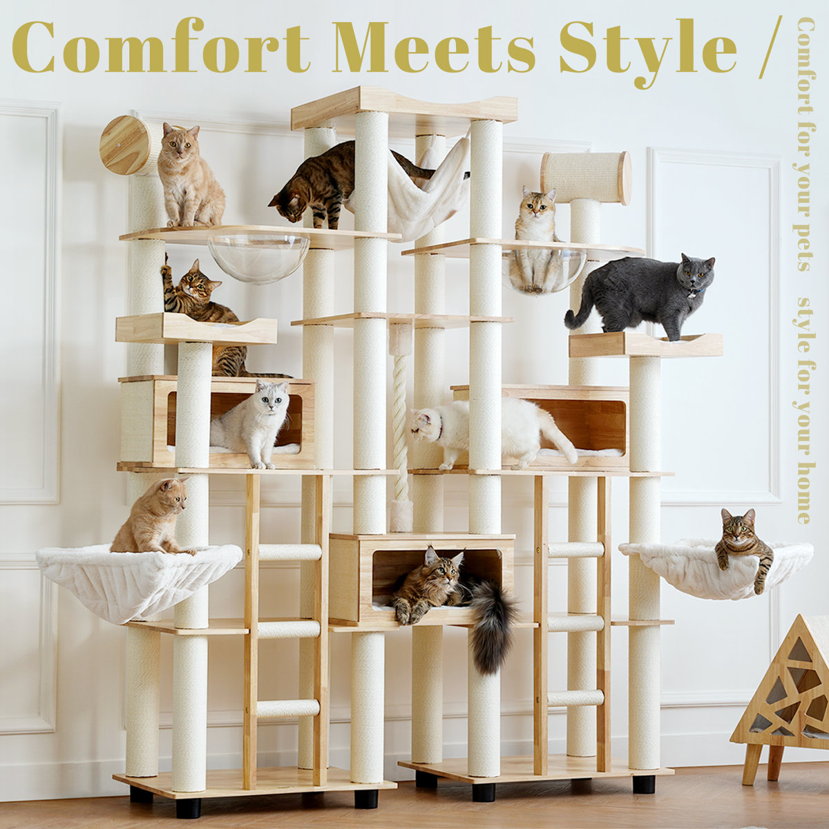 KZLAA 94'' H Large Solid Wood Cat Tree Multi-Level Tall Cat Tower Cat ...