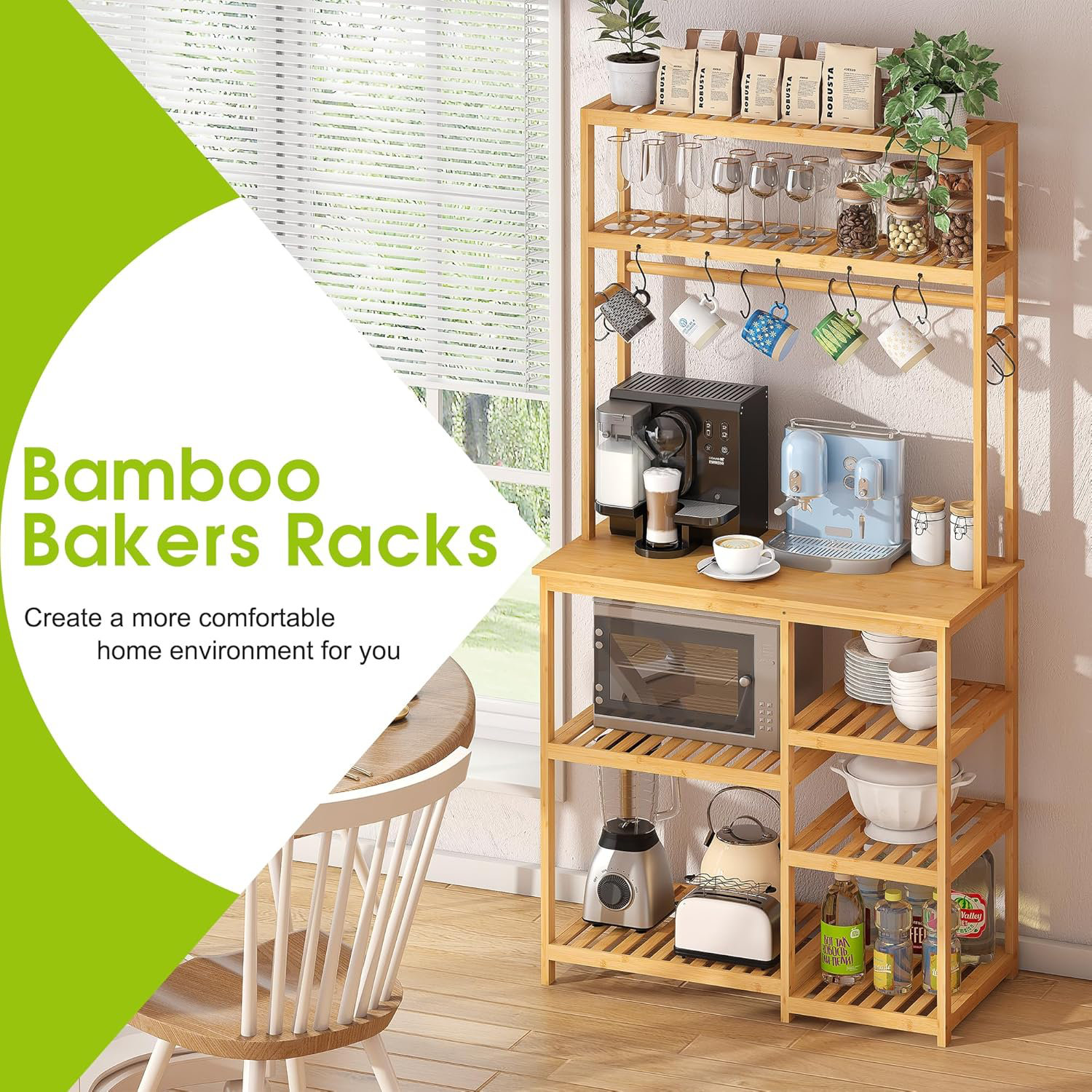 Latitude Run® Bamboo Bakers Rack With 12 S-Hooks, Multi-Tier Open ...