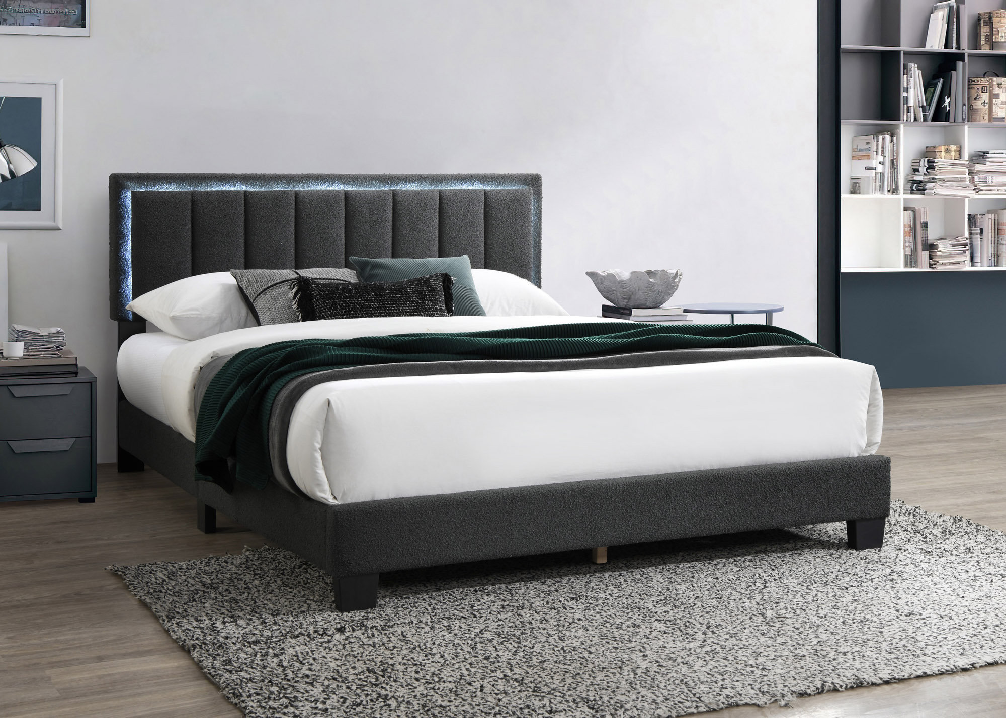Latitude Run® Wool Fabric Bed Channel Tufting W LED Full Upholstered ...
