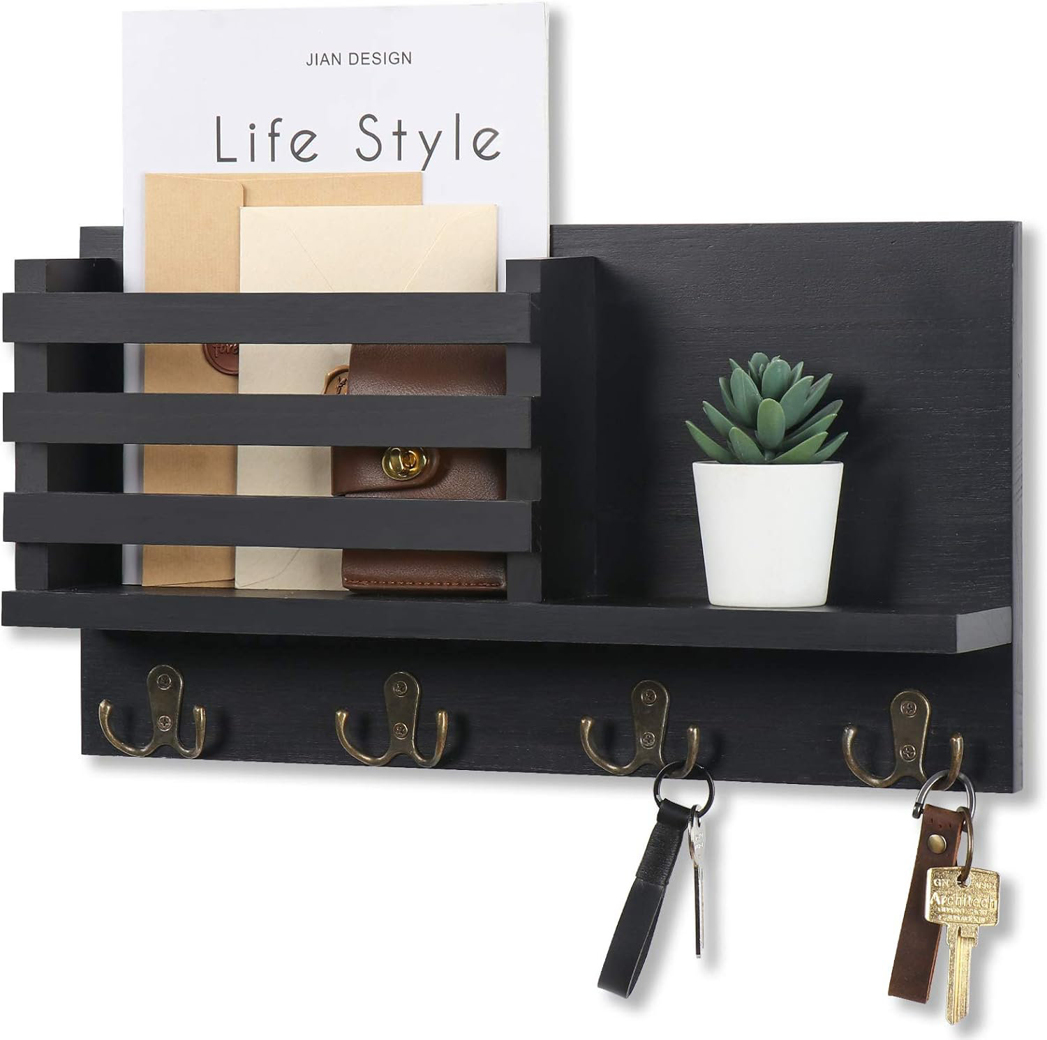 HomCom Rustic Wall Mail Organizer with Key Hooks - Wayfair Canada