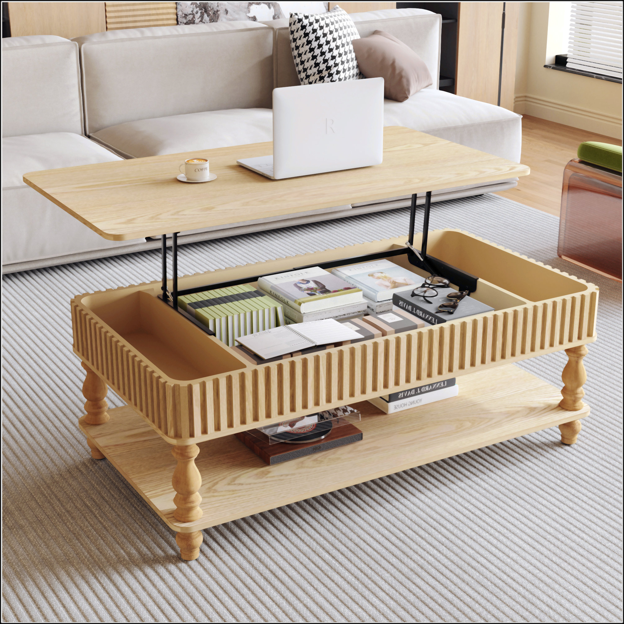 Ivy Bronx Lift Top Coffee Table With Fluted Details And Solid Roman ...