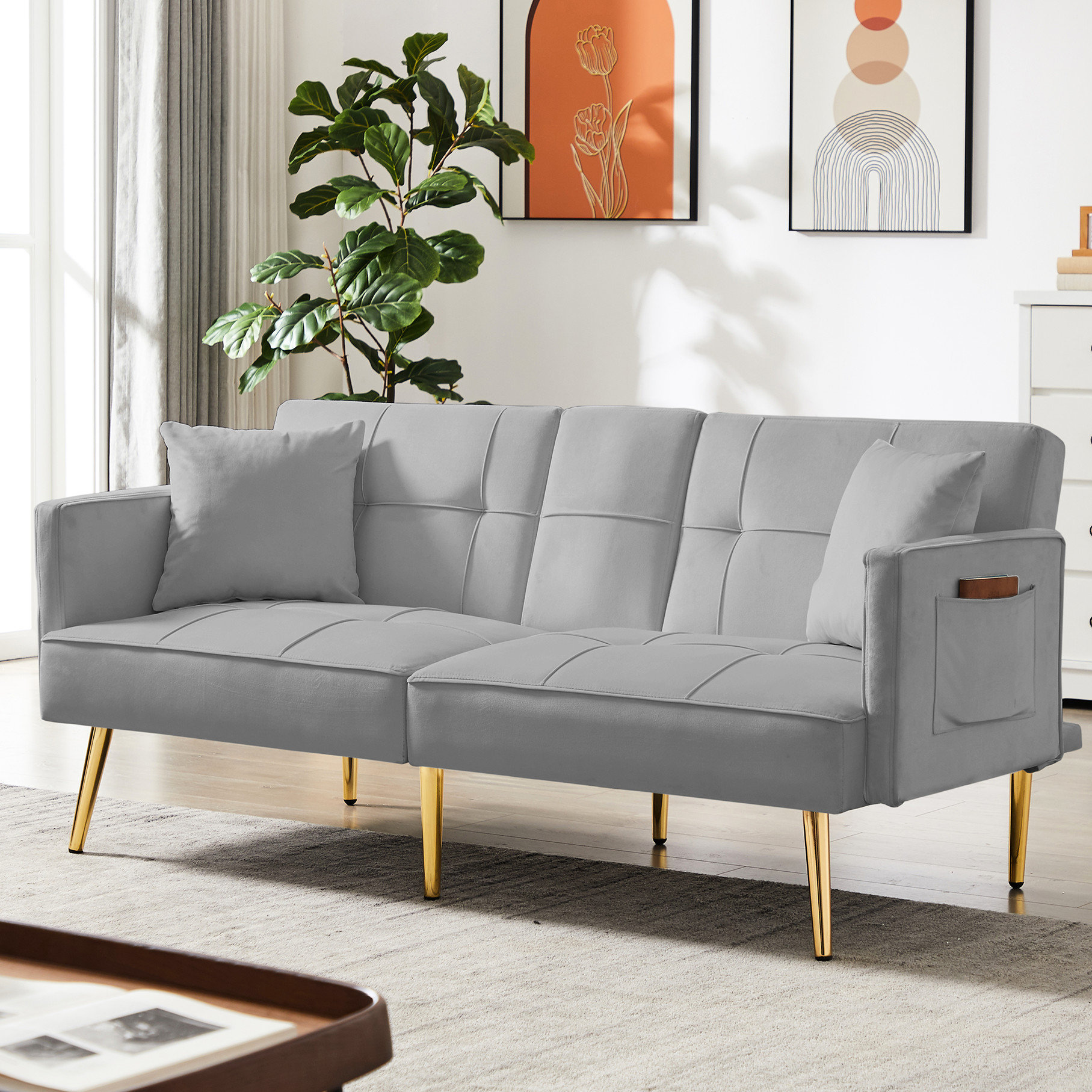 Latitude Run® Velvet Convertible Bed , Gold Metal Legs, 3 Adjustable ...
