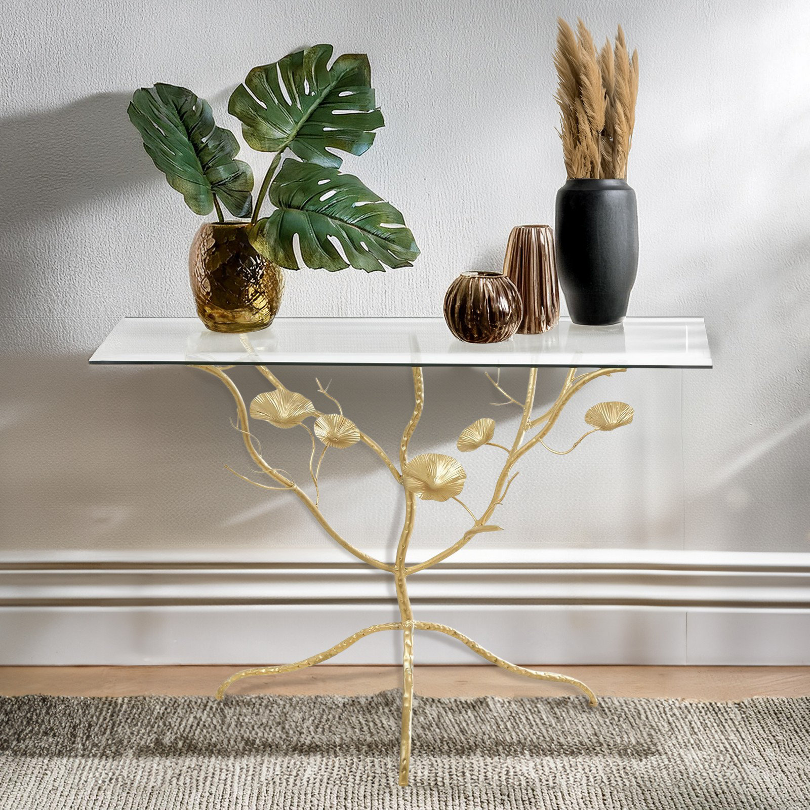 House of Hampton® Gold Metal Branch Console Table With Glass Top ...