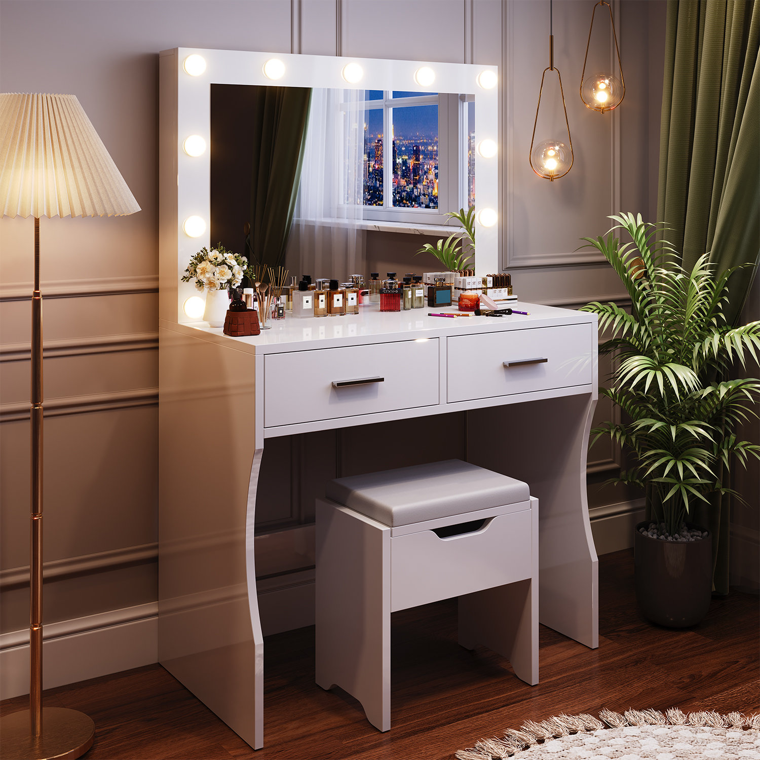 Maxway Furniture 90cm White Dressing Table With 3 Colorful Light Mirror ...
