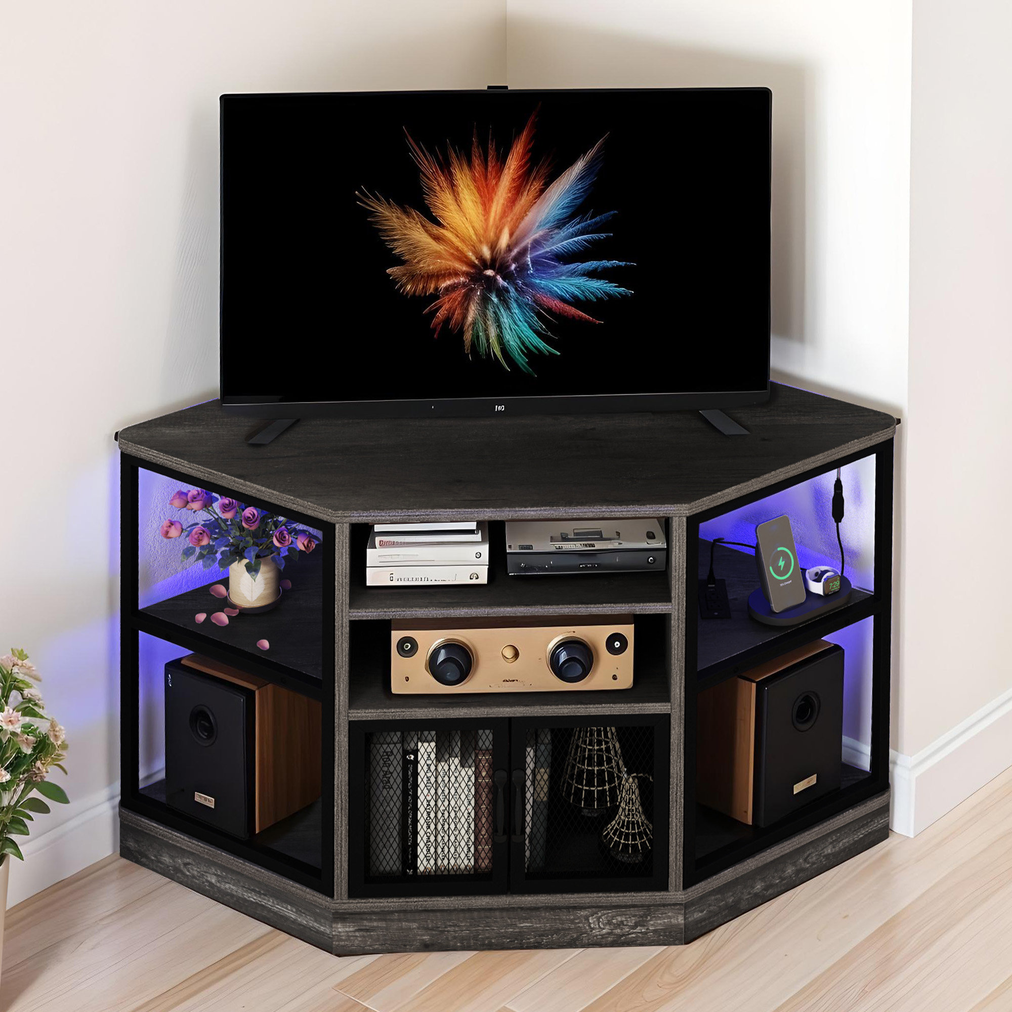 Wrought Studio™ Kaitee 47W Corner TV Stand with LED Lights Media ...