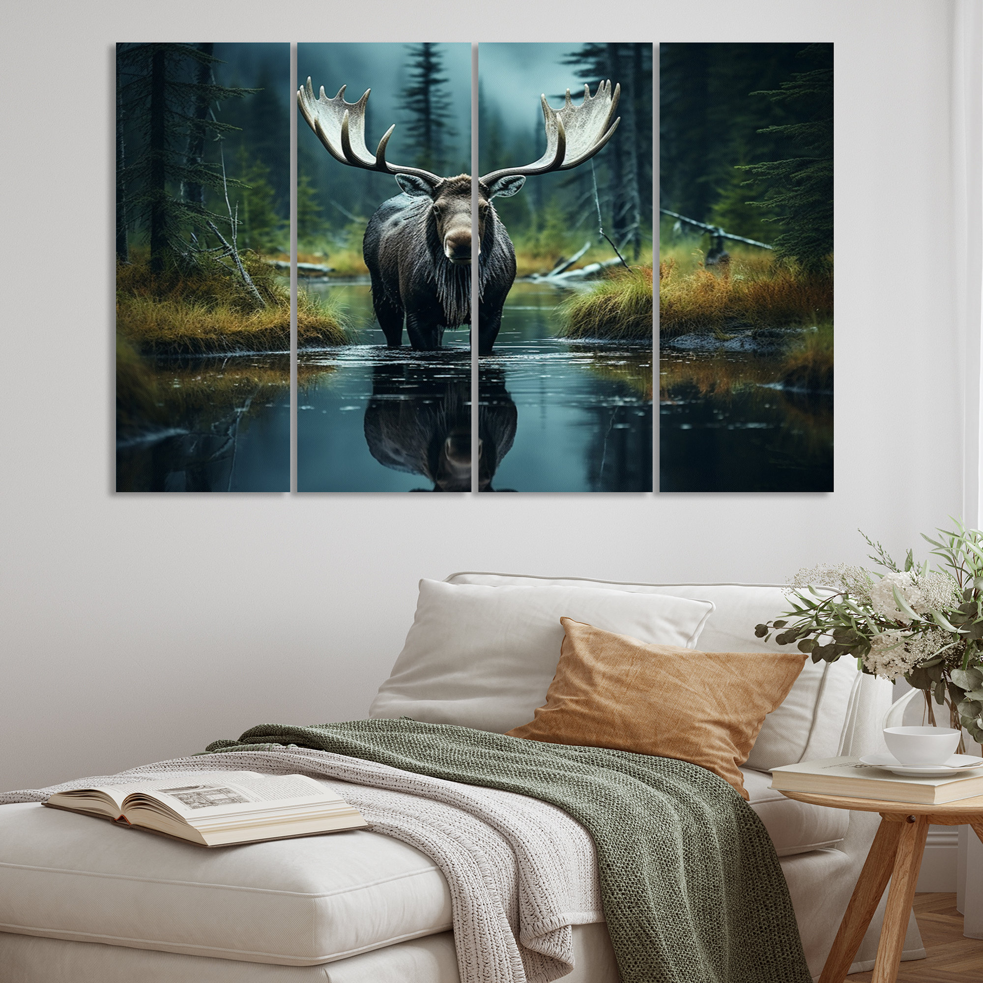 Foundry Select Green Moose Forest Dusk On Canvas 4 Pieces Print | Wayfair