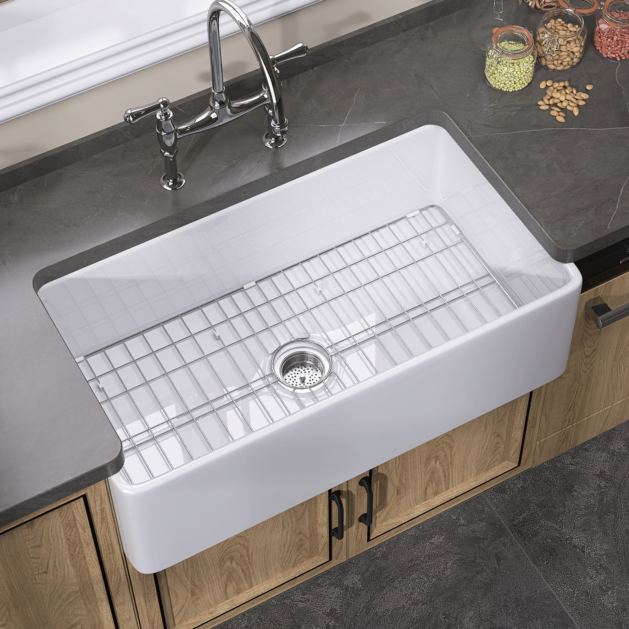 Ogonbrick Single Bowl Fireclay Farmhouse Kitchen Sink with Sink Grid ...
