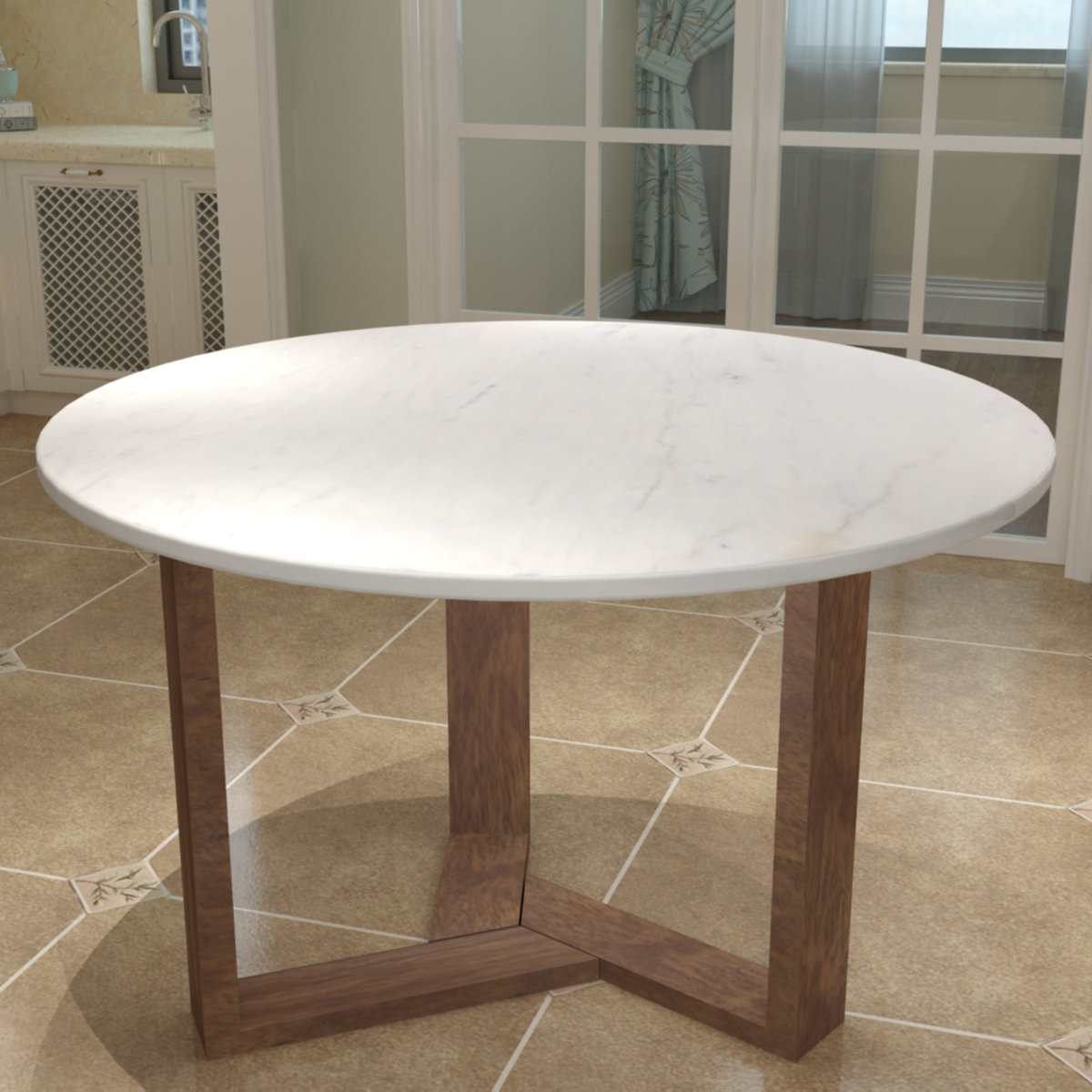 Latitude Run® Fina Dining Table, 48 Inch Round White Genuine Marble Top ...