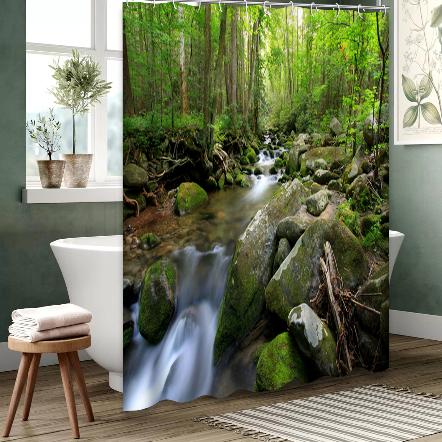 East Urban Home Forest Water Waterproof Shower Curtain,Stream Mountains ...