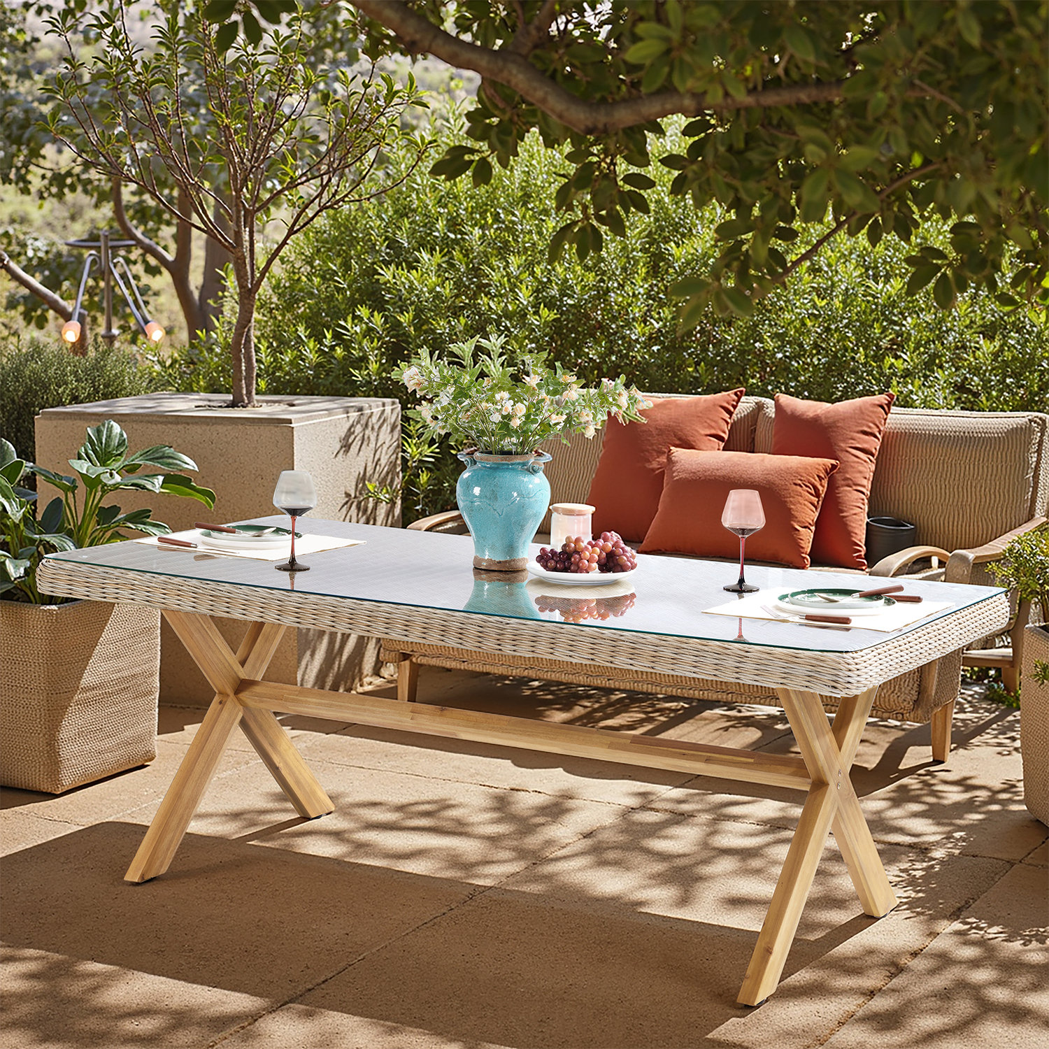 Birch Lane™ Cascade Rectangular Wicker Dining Table with Solid Wood Legs | Birch Lane