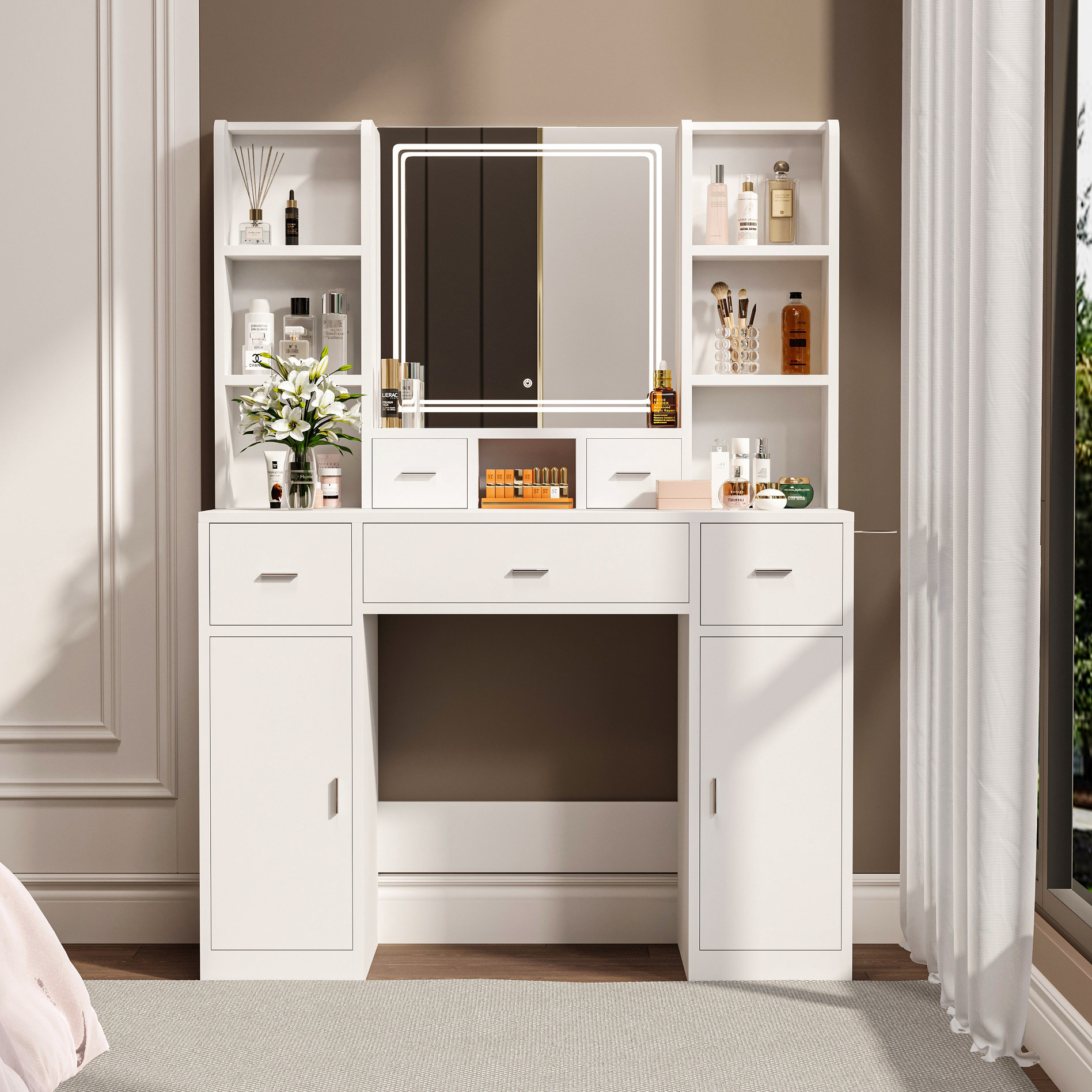 Brayden Studio® Board Dressing Table With 3 Lights Modes And Drawers ...