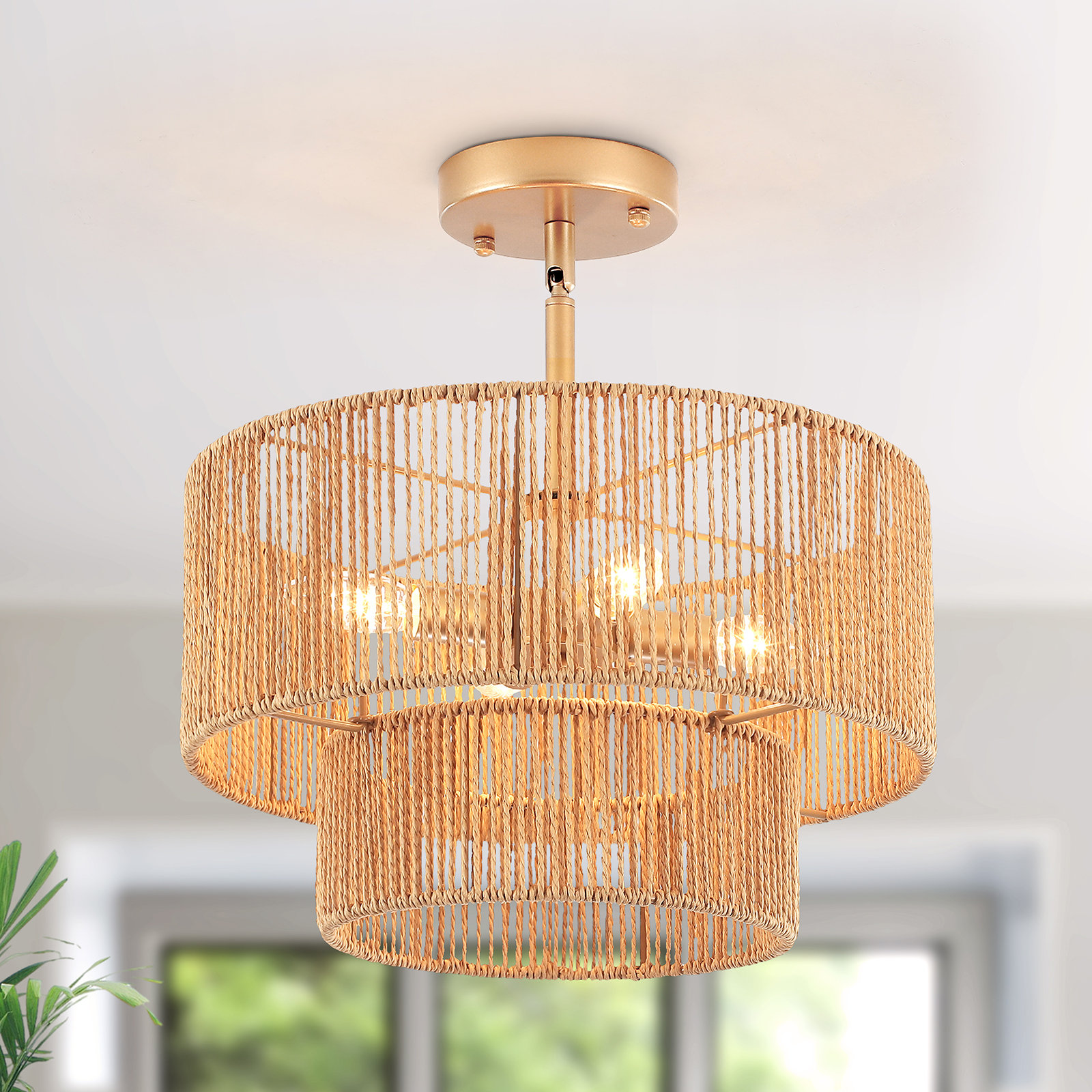 Beachcrest Home™ Kingstown 2-tier Rattan Semi-flush Mount Ceiling Light ...