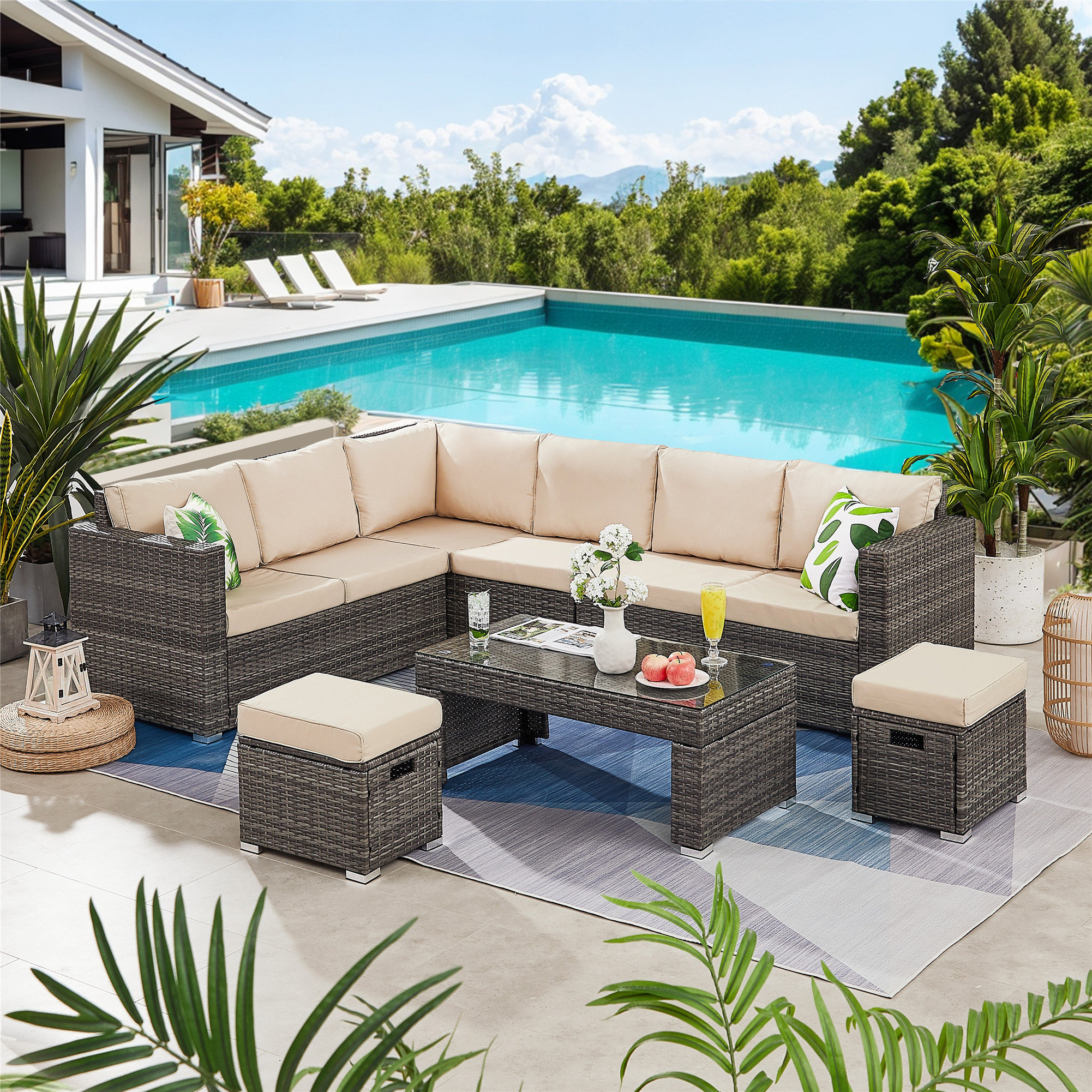 Latitude Run® Erdine 8 Piece Rattan Sectional Seating Group with ...