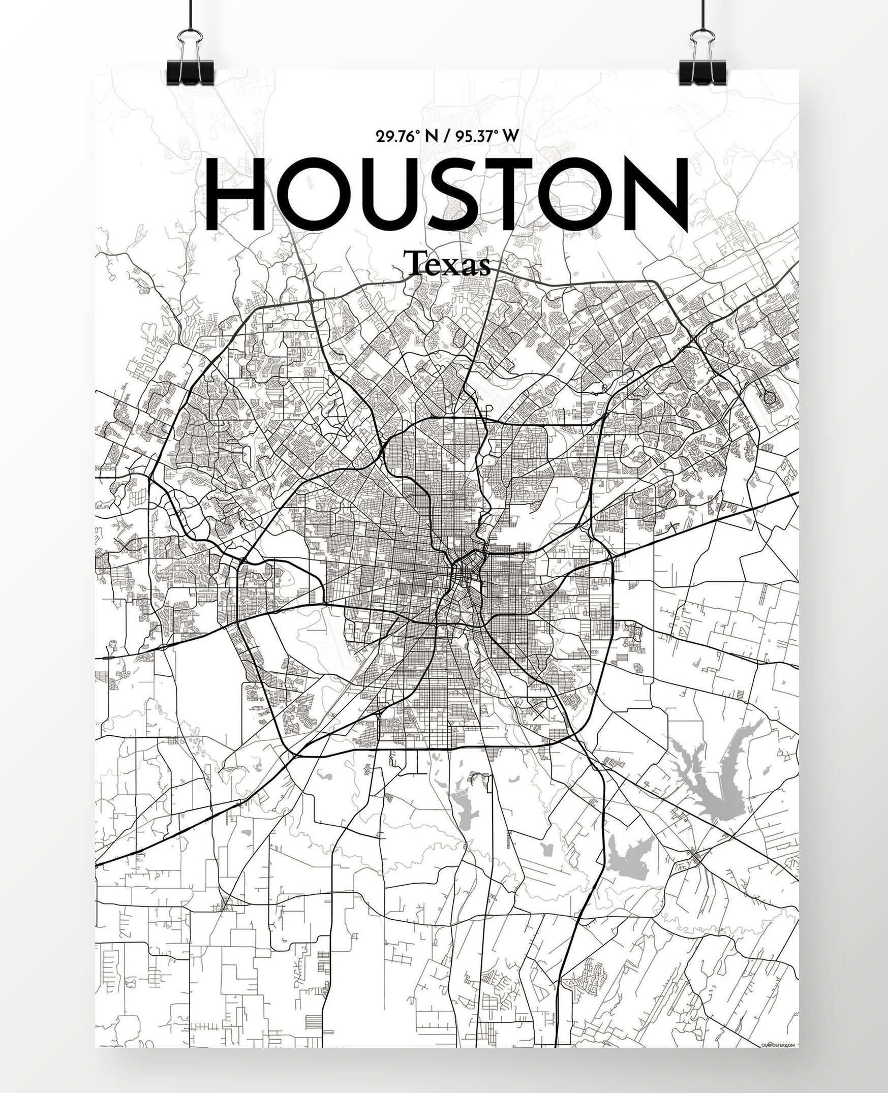 OurPoster.com 'Houston City Map' Graphic Art Print Poster in Tones ...
