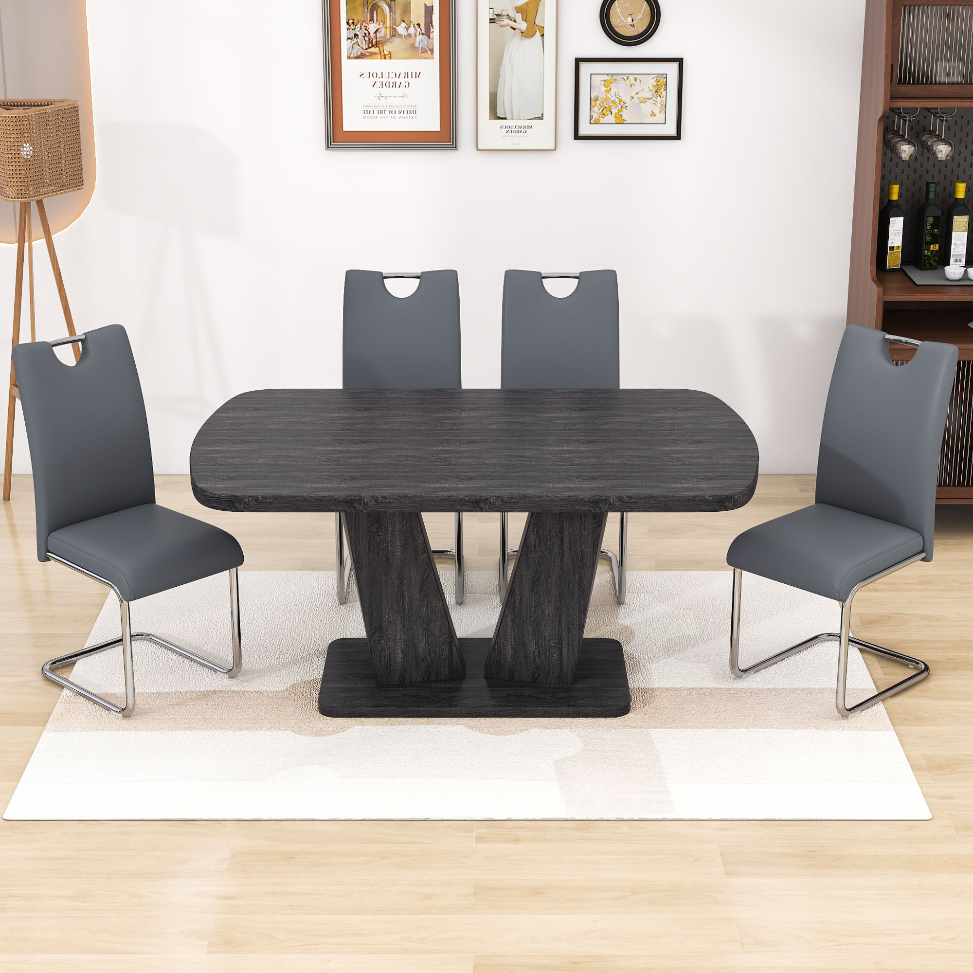 Ivy Bronx Ress 5-Piece Dining Set, Wooden Table with V-Shaped Base and ...