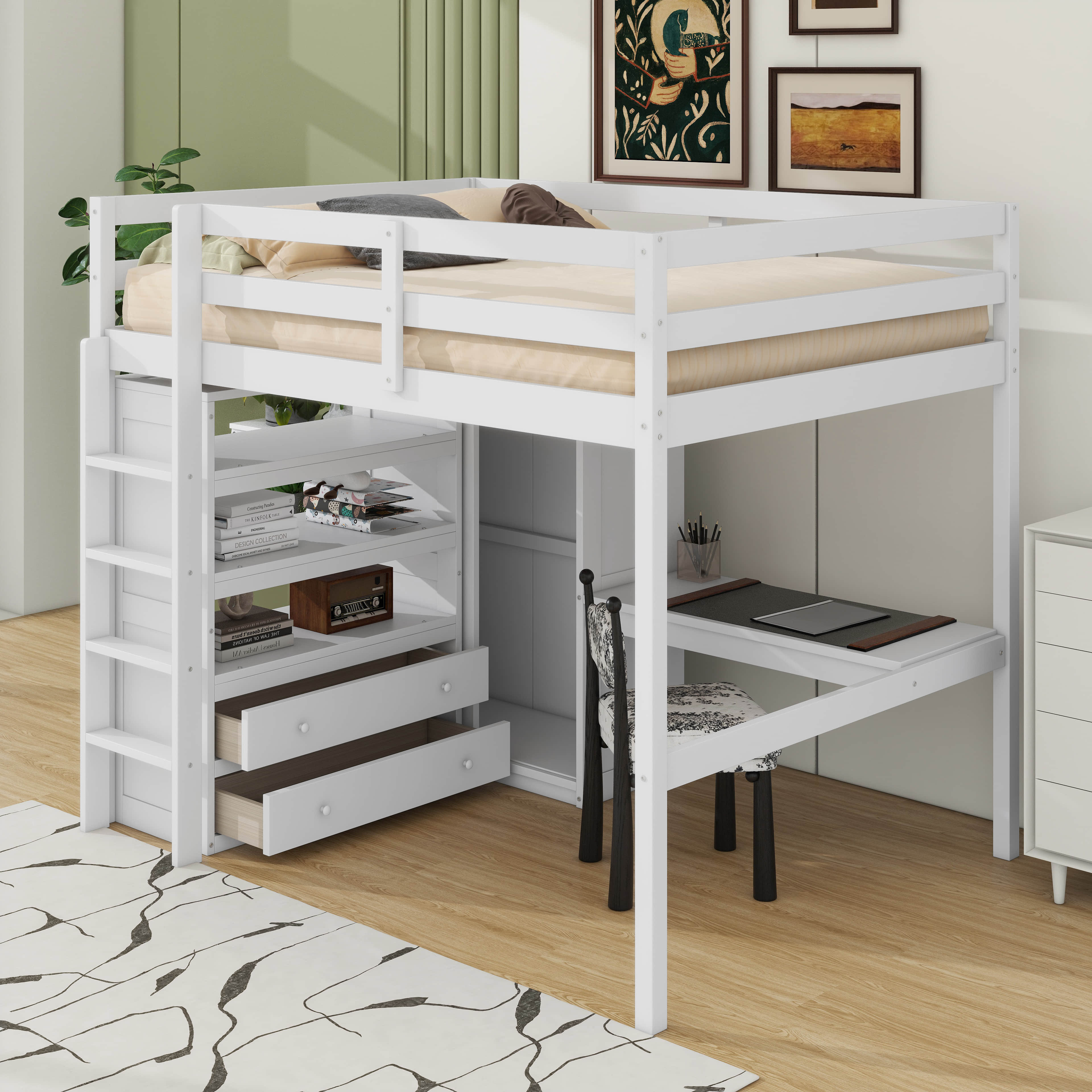 Harriet Bee Full Loft Bed With Desk,Wardrobe, Shelves And Drawers ...
