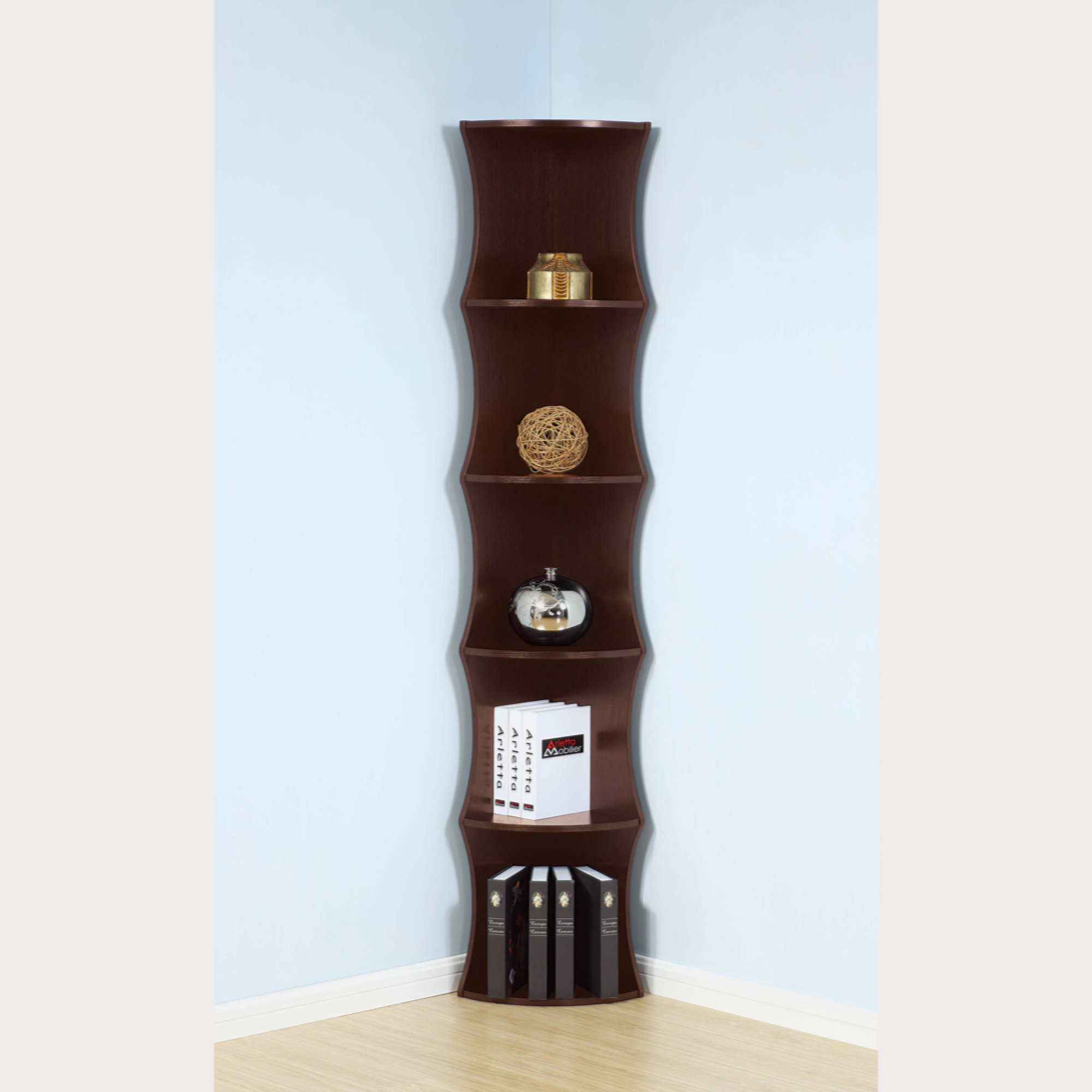 Winston Porter Five Shelf Corner Bookcase Rounded Shelf Fronts Quarter ...
