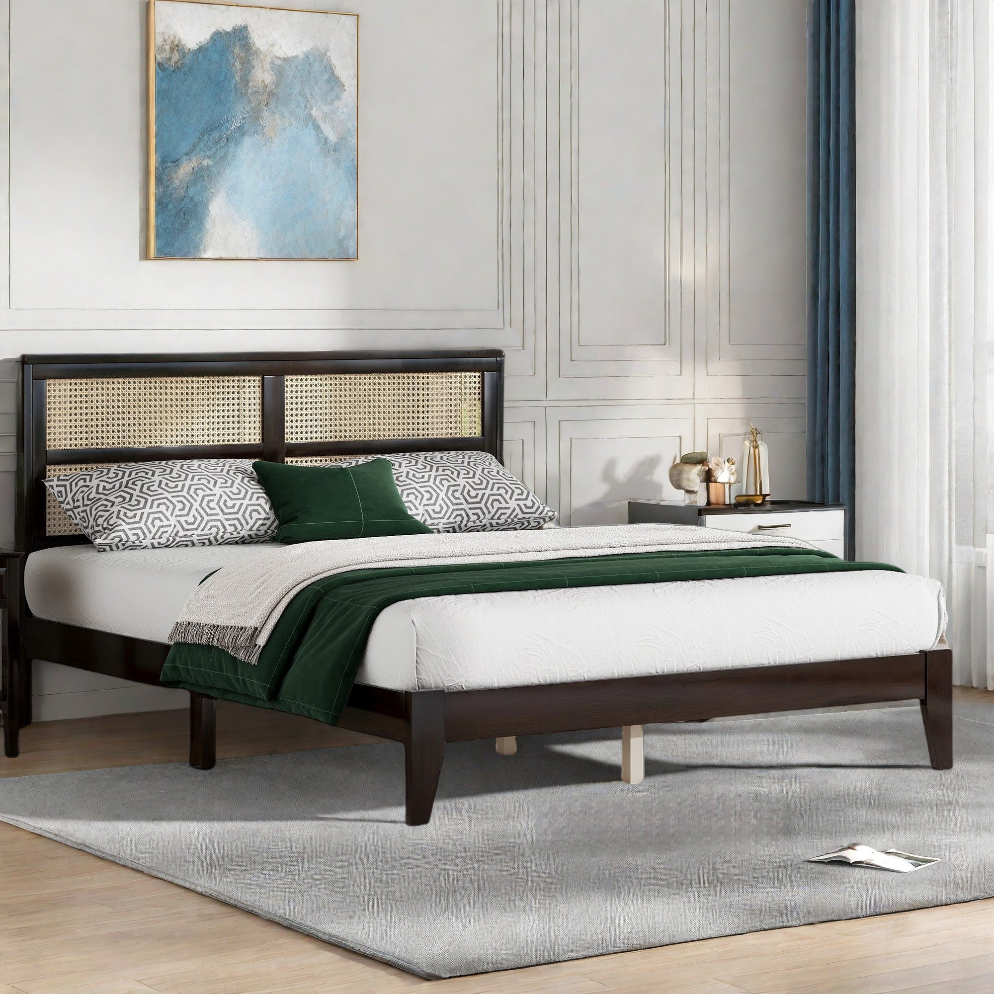 Bay Isle Home™ Lit plateforme en bois avec tête de lit en rotin ...