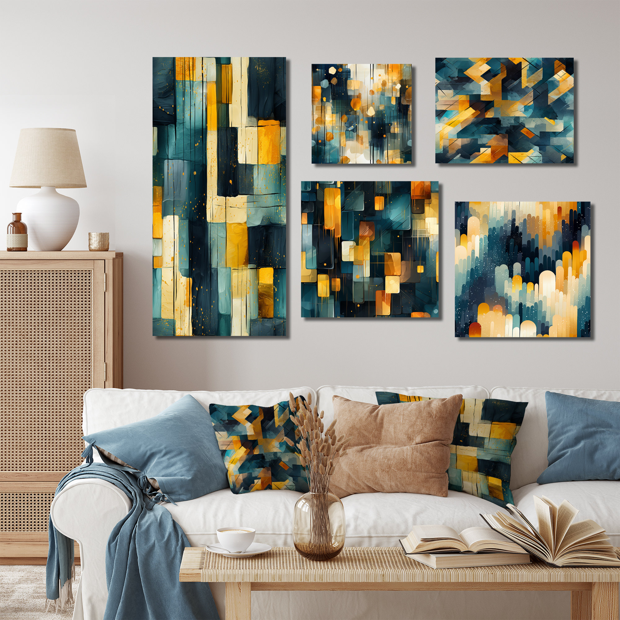 Design Art Yellow And Teal Abstract Geometric Fusion - Geometric Canvas ...