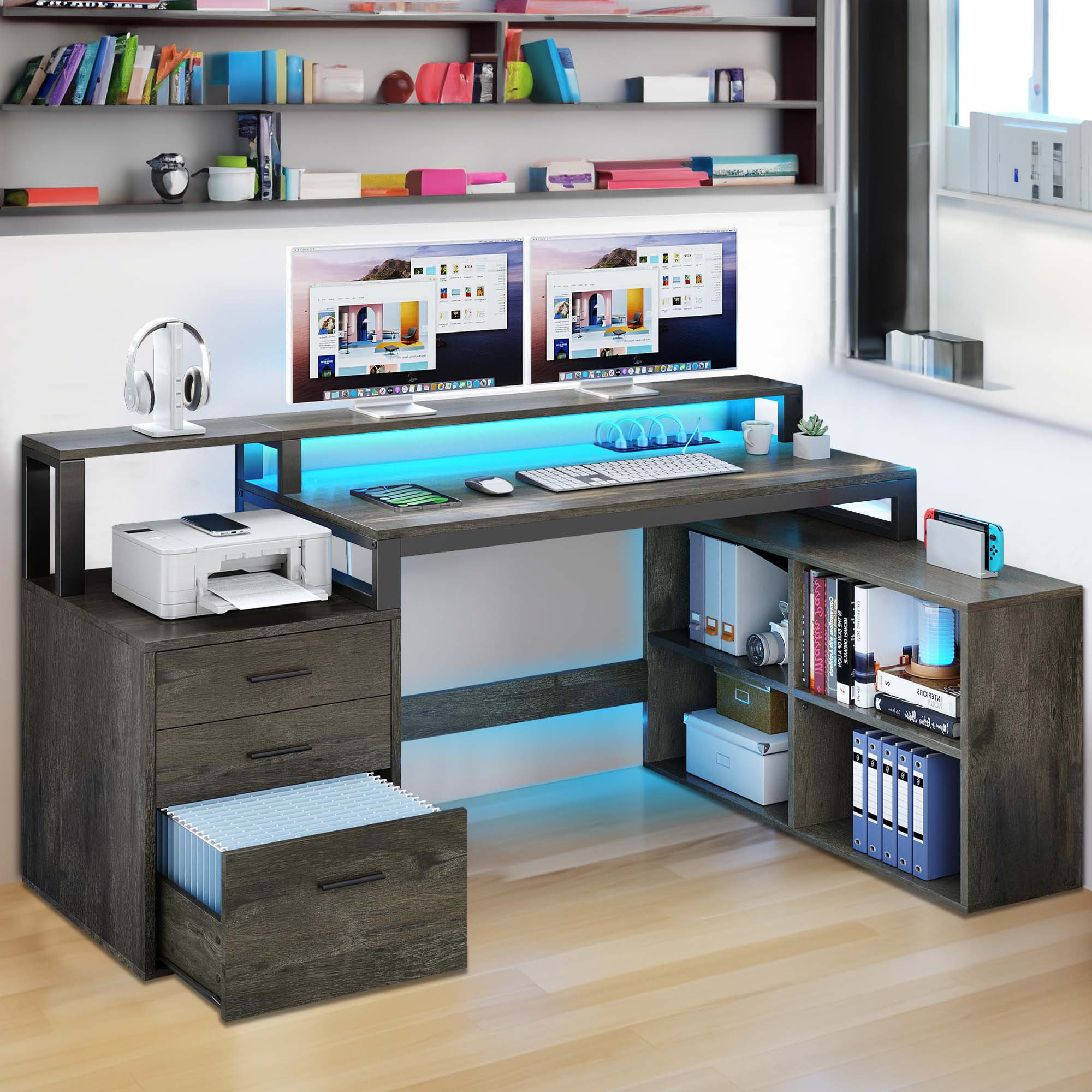 Wade Logan® Carolgene 65'' L Shaped Desk with Power Outlets & LED ...