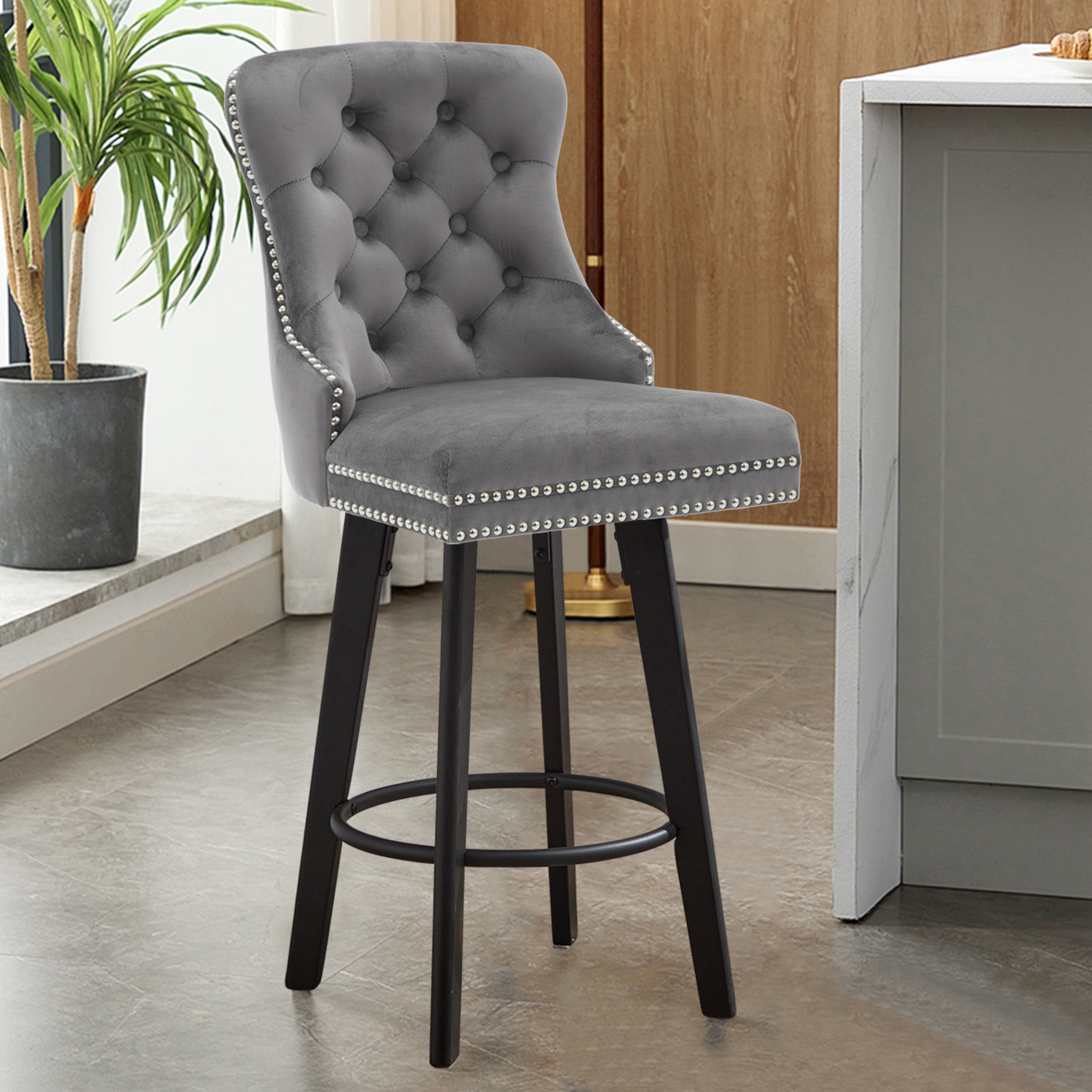 House of Hampton Modern Swivel Bar Stools Velvet Barstools Button ...